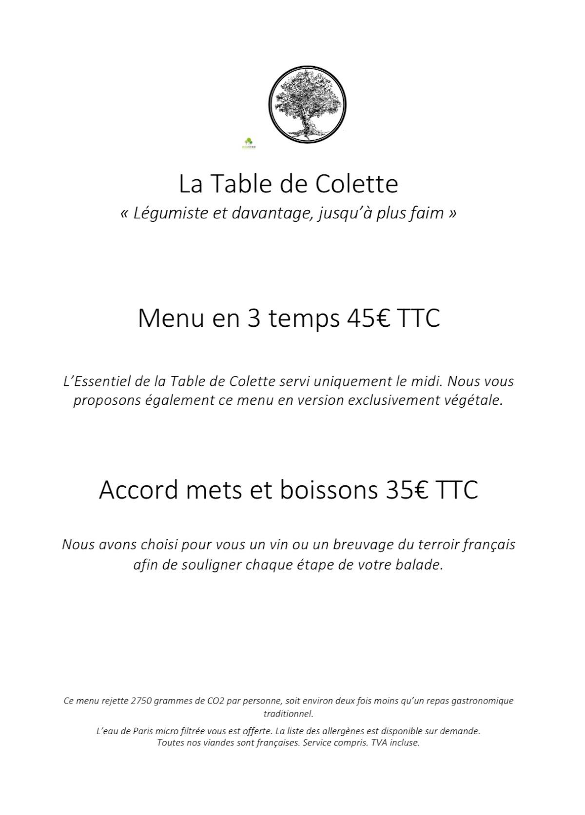 Menu au La Table de Colette restaurant, Paris