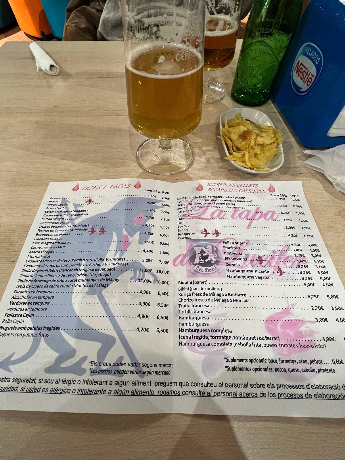 Carta del pub y bar LA TAPA DE LUCIFER, Martorell