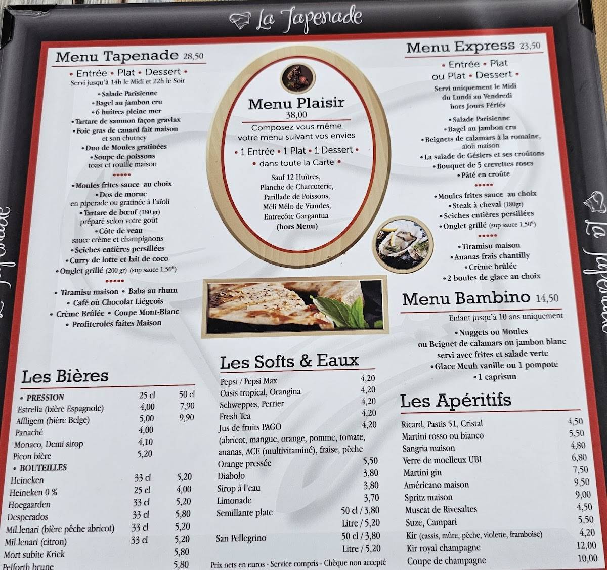 Menu at La Tapenade restaurant, Narbonne