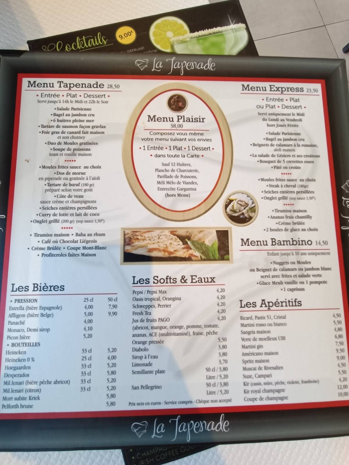 Menu at La Tapenade restaurant, Narbonne