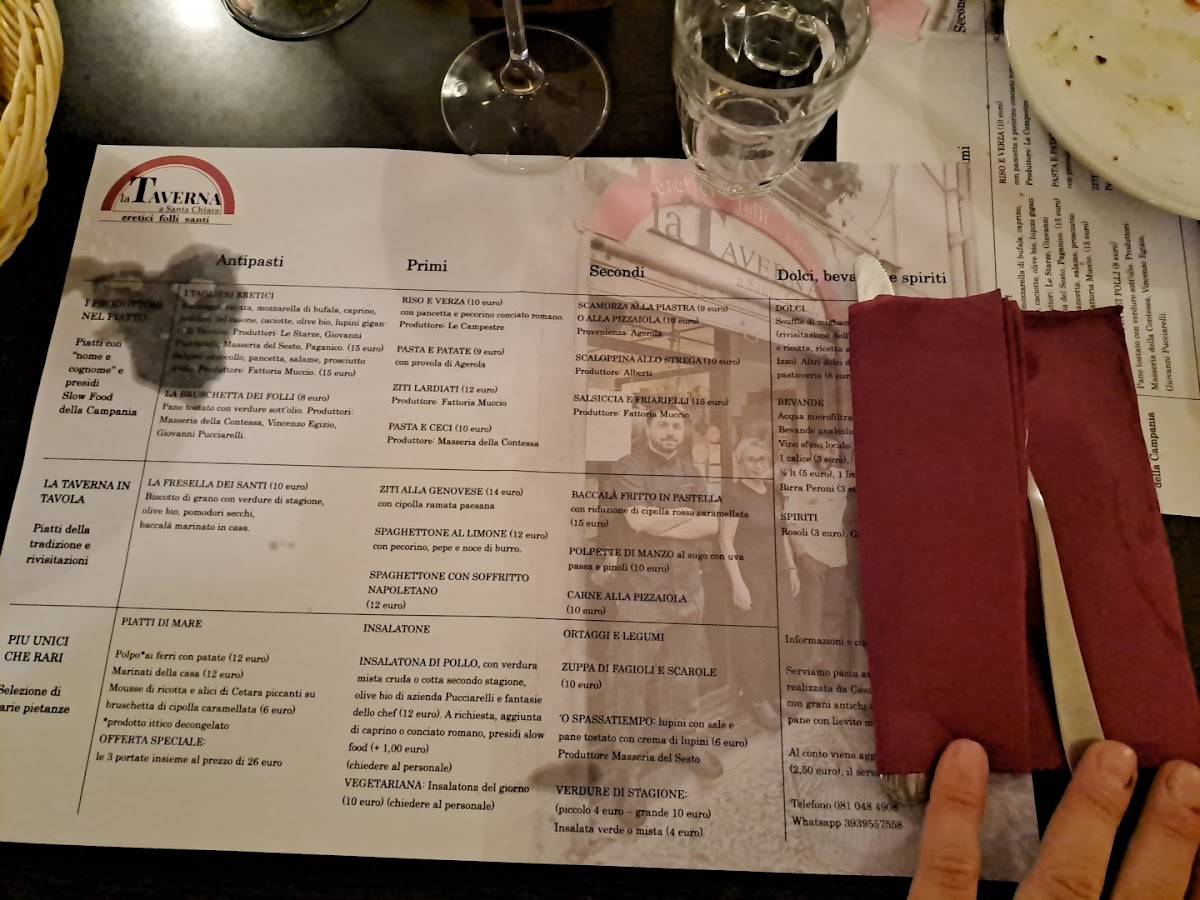 Menu at La Taverna di Santa Chiara restaurant, Naples