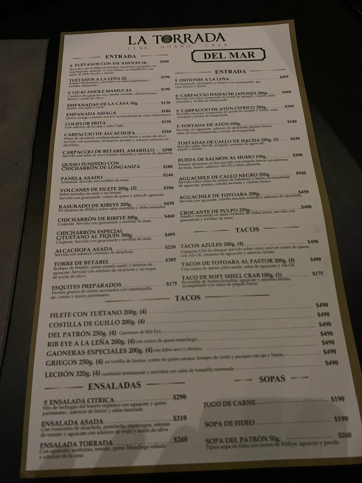 Carta de parrilla La Torrada, Monterrey, 2500 Col. Valle Oriente
