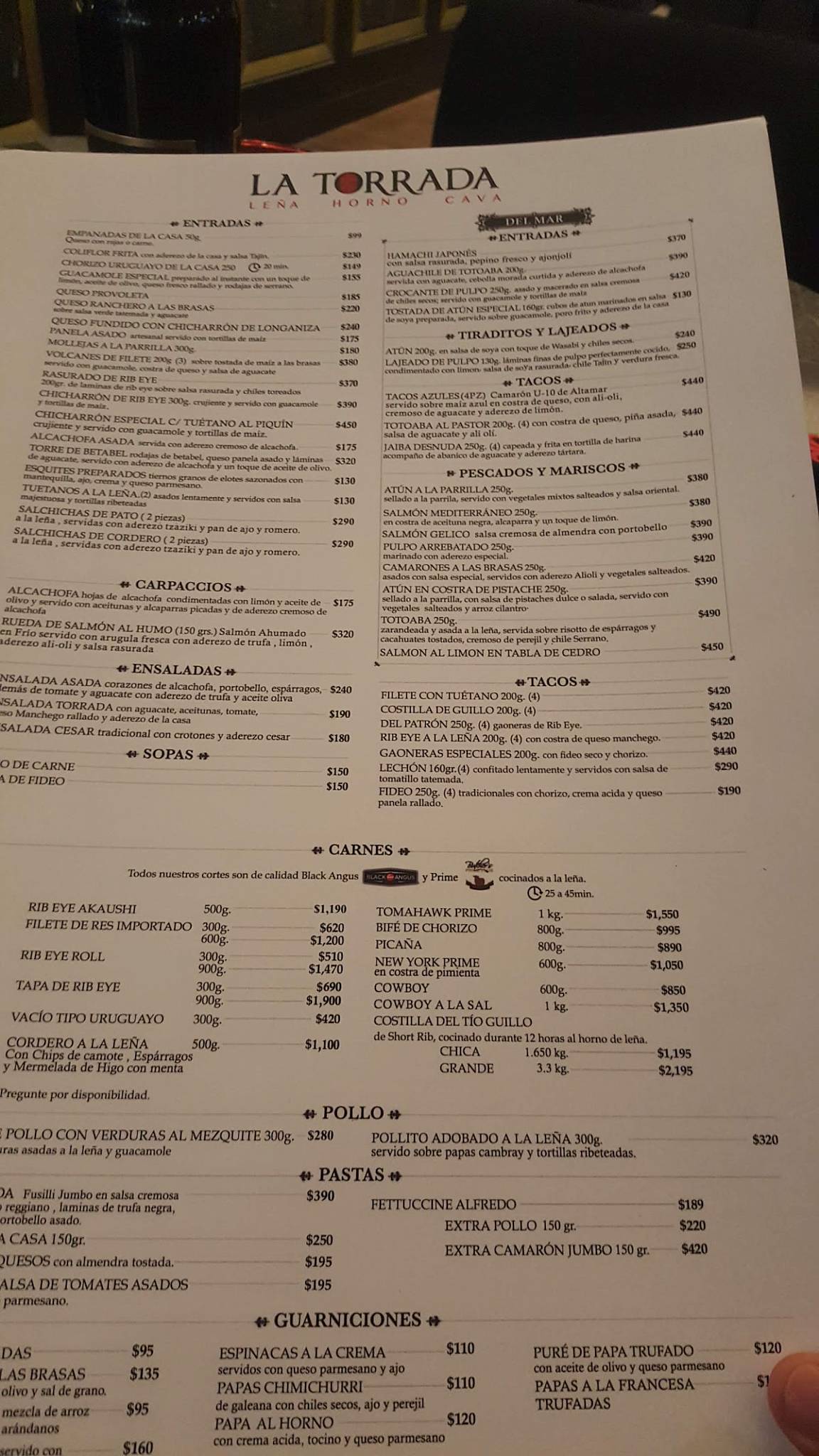 Carta de parrilla La Torrada, Monterrey, 2500 Col. Valle Oriente