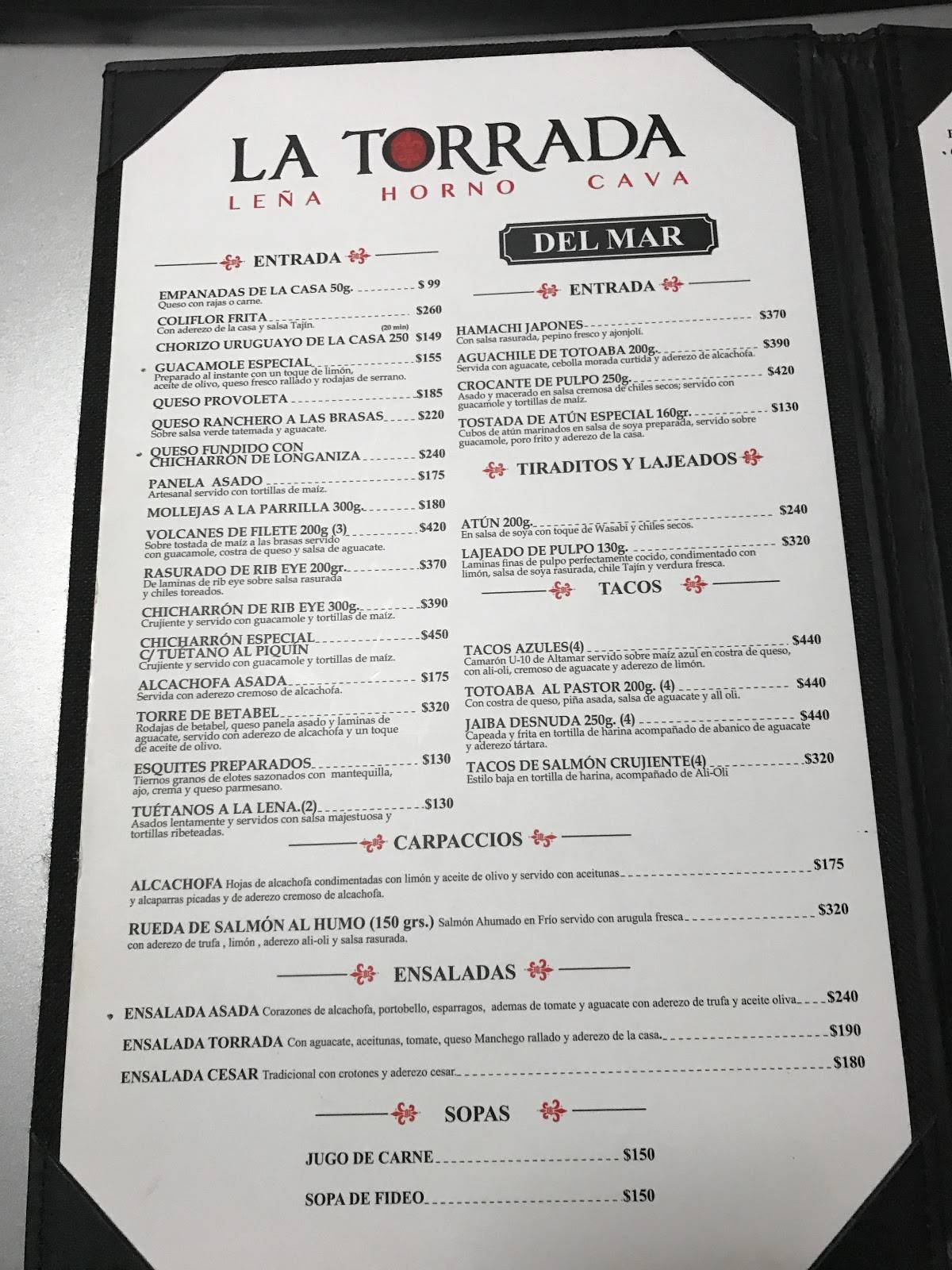 Carta de parrilla La Torrada, Monterrey, 2500 Col. Valle Oriente