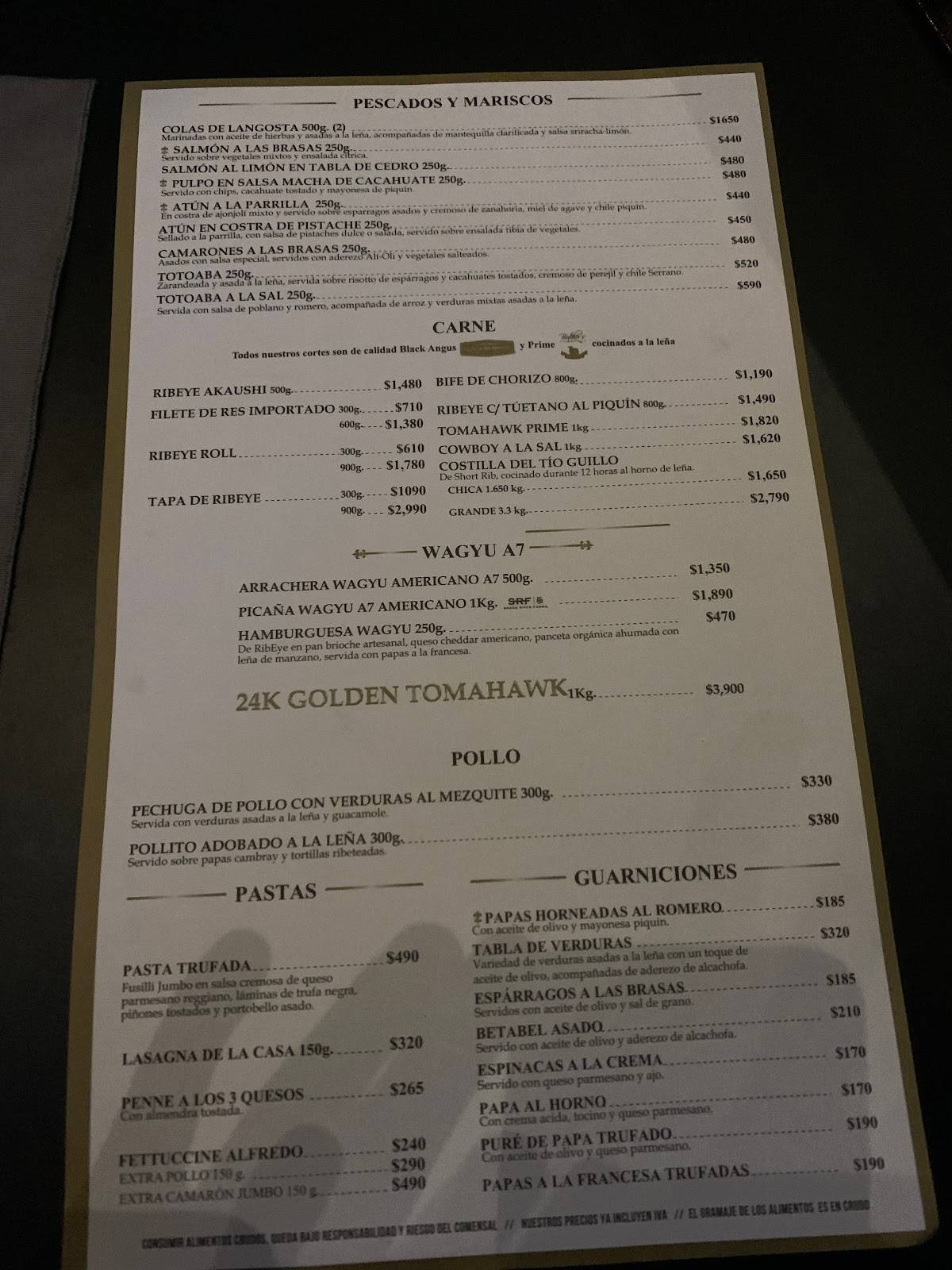 Carta de parrilla La Torrada, Monterrey, 2500 Col. Valle Oriente
