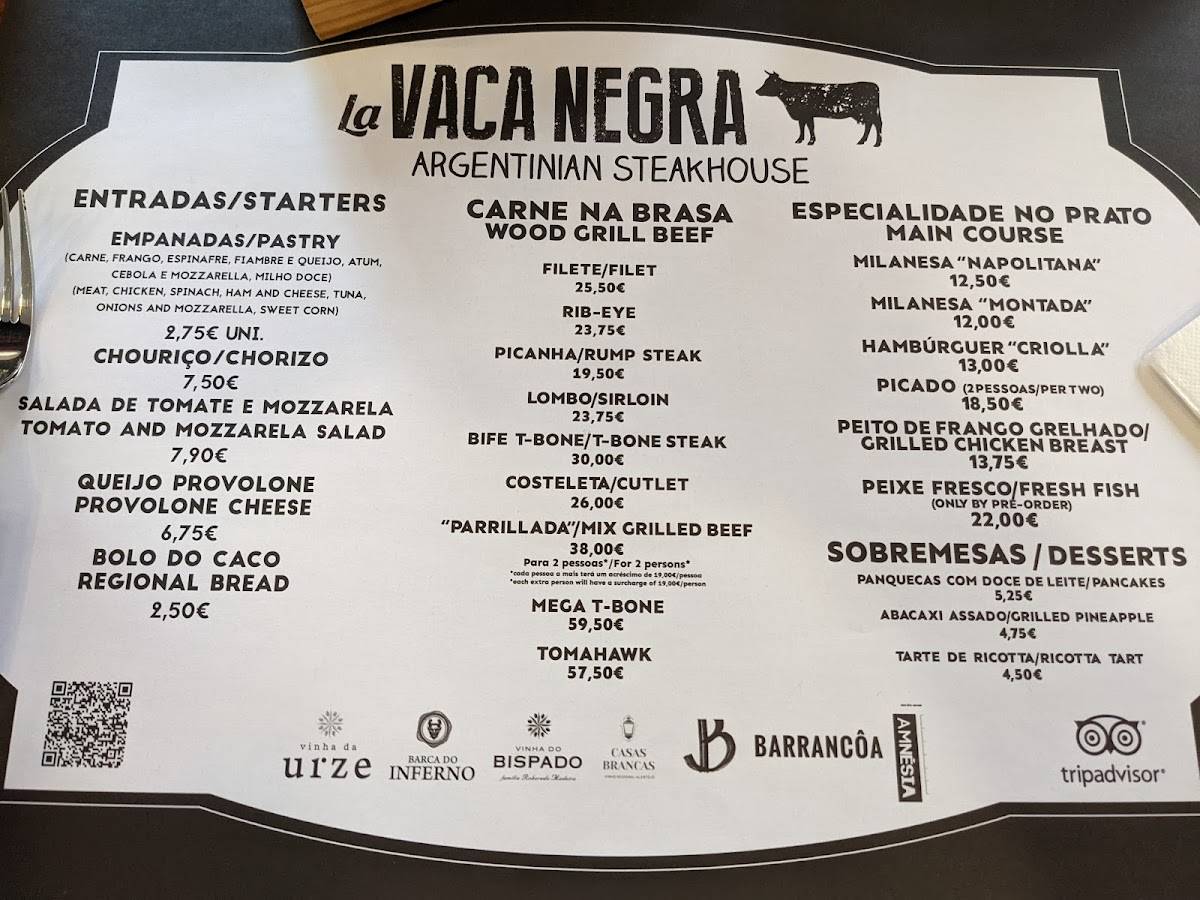Menu at La Vaca Negra steakhouse, Funchal
