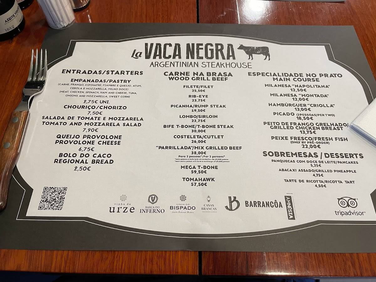 Menu at La Vaca Negra steakhouse, Funchal