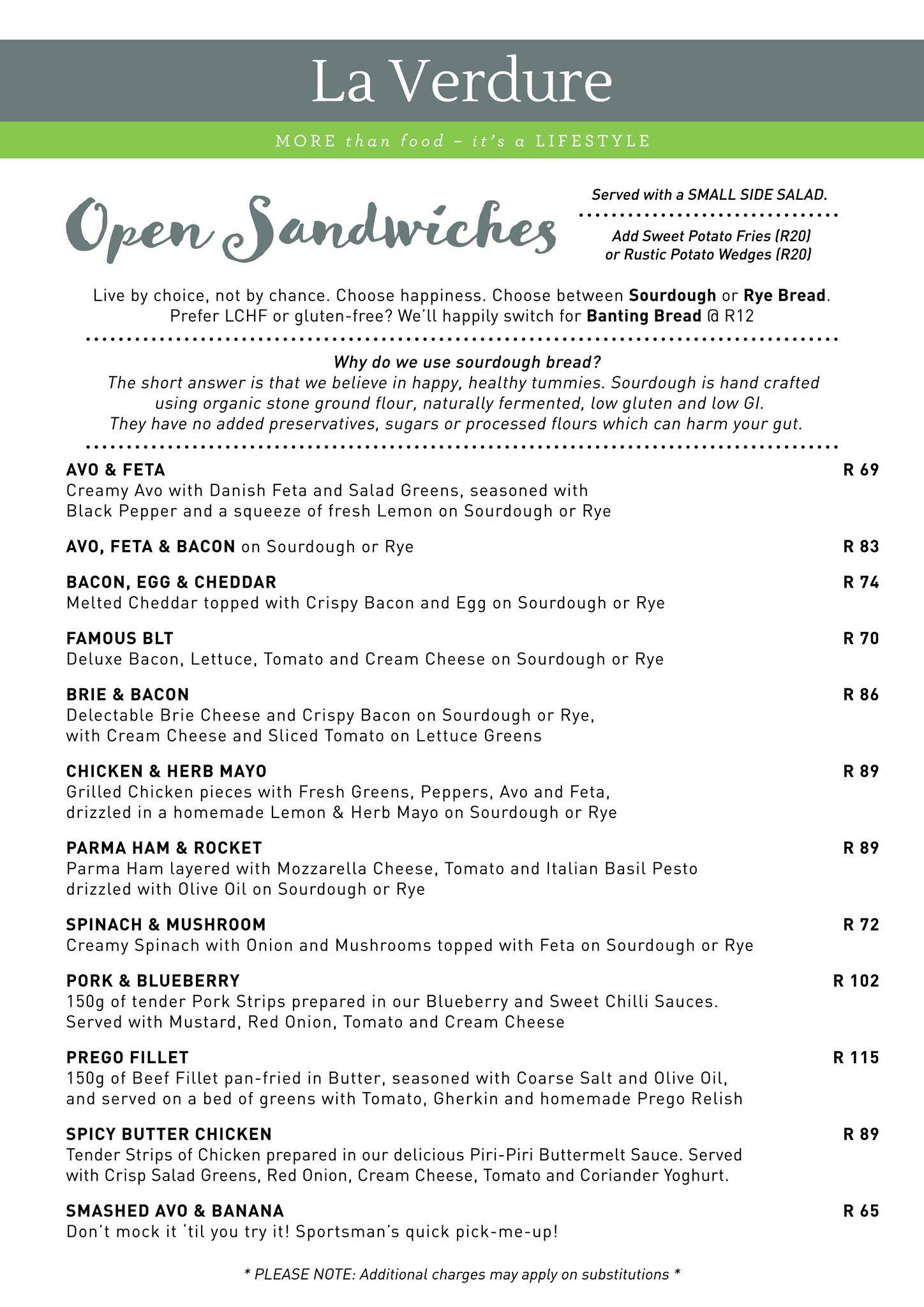 Menu at La Verdure Real Food Cafe, Gillitts