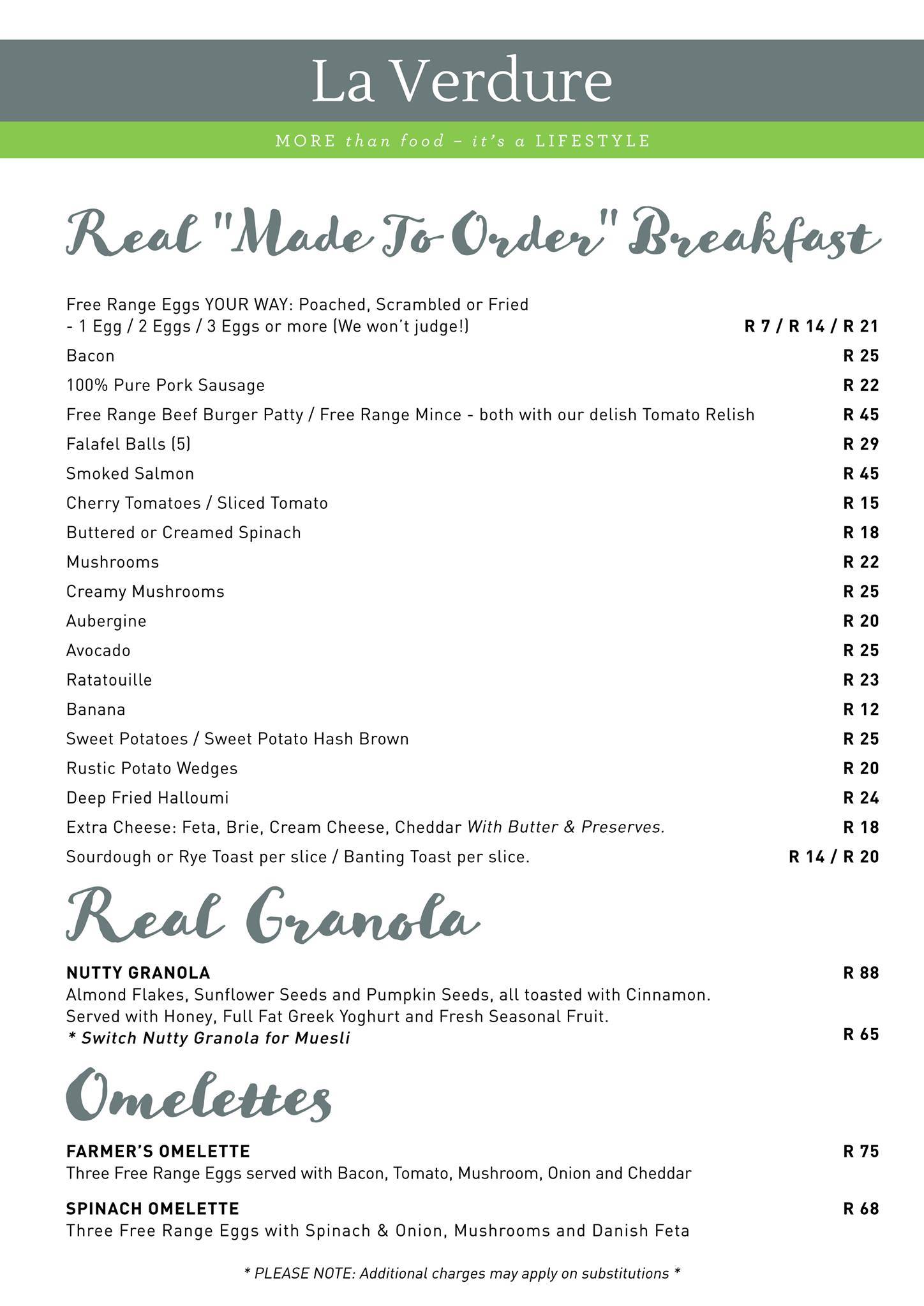 Menu at La Verdure Real Food Cafe, Gillitts