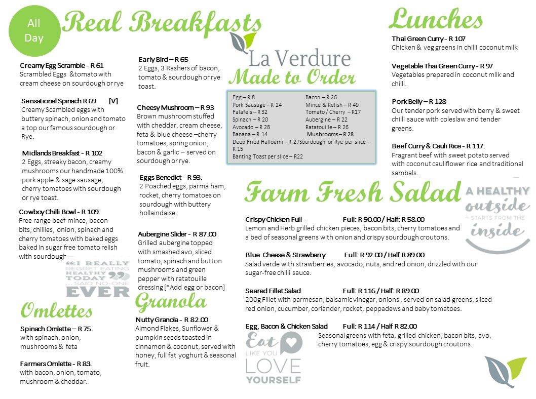 Menu at La Verdure Real Food Cafe, Gillitts