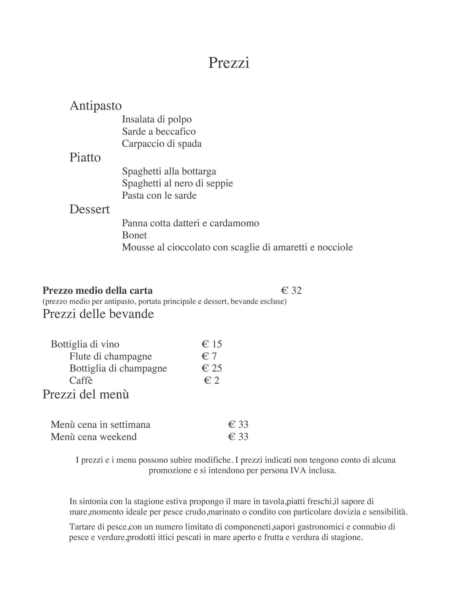 Carta del restaurante La Via di Giulia Vanchiglia, Turin
