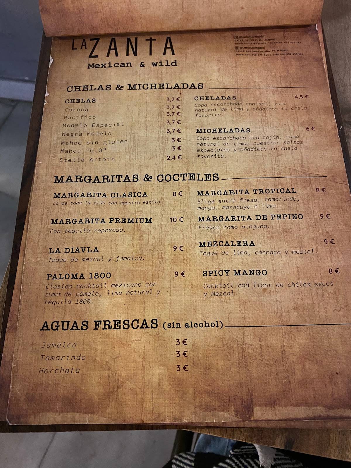 Menu at La Zanta Mexican&Wild restaurant, Madrid