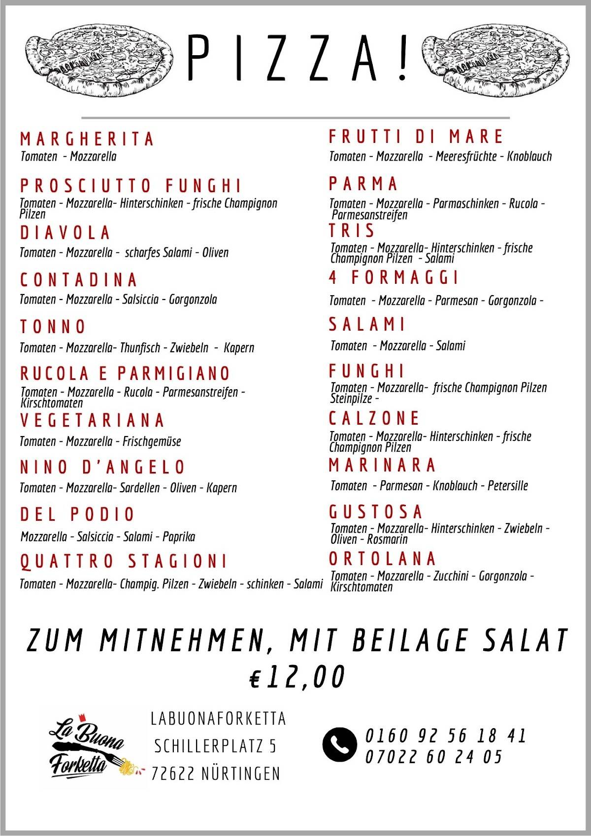 Speisekarte von La buona Forketta pizza, Nürtingen