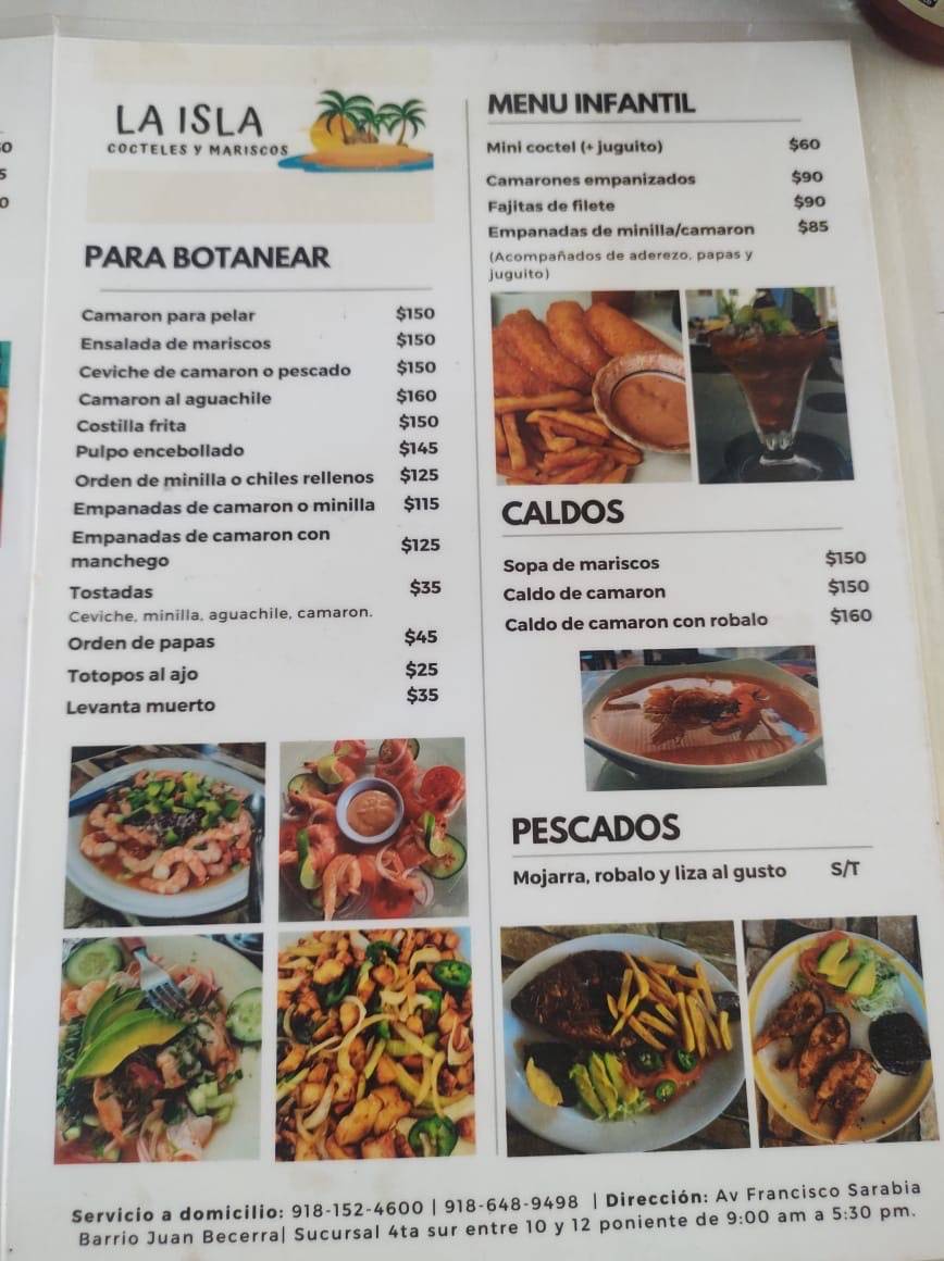 Menu at La isla cócteles y mariscos restaurant, Mapastepec