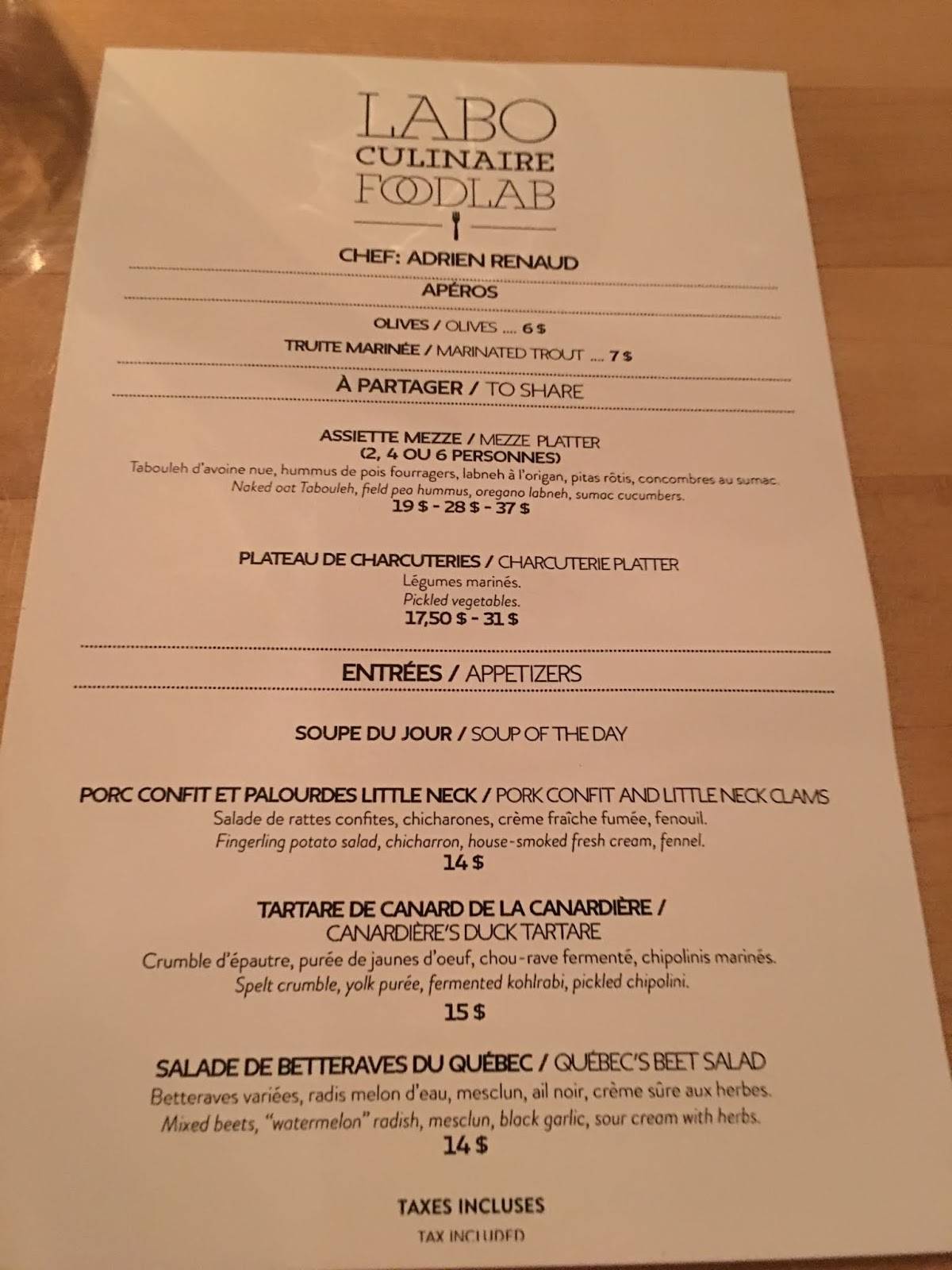 Menu at Labo culinaire - Foodlab restaurant, Montréal