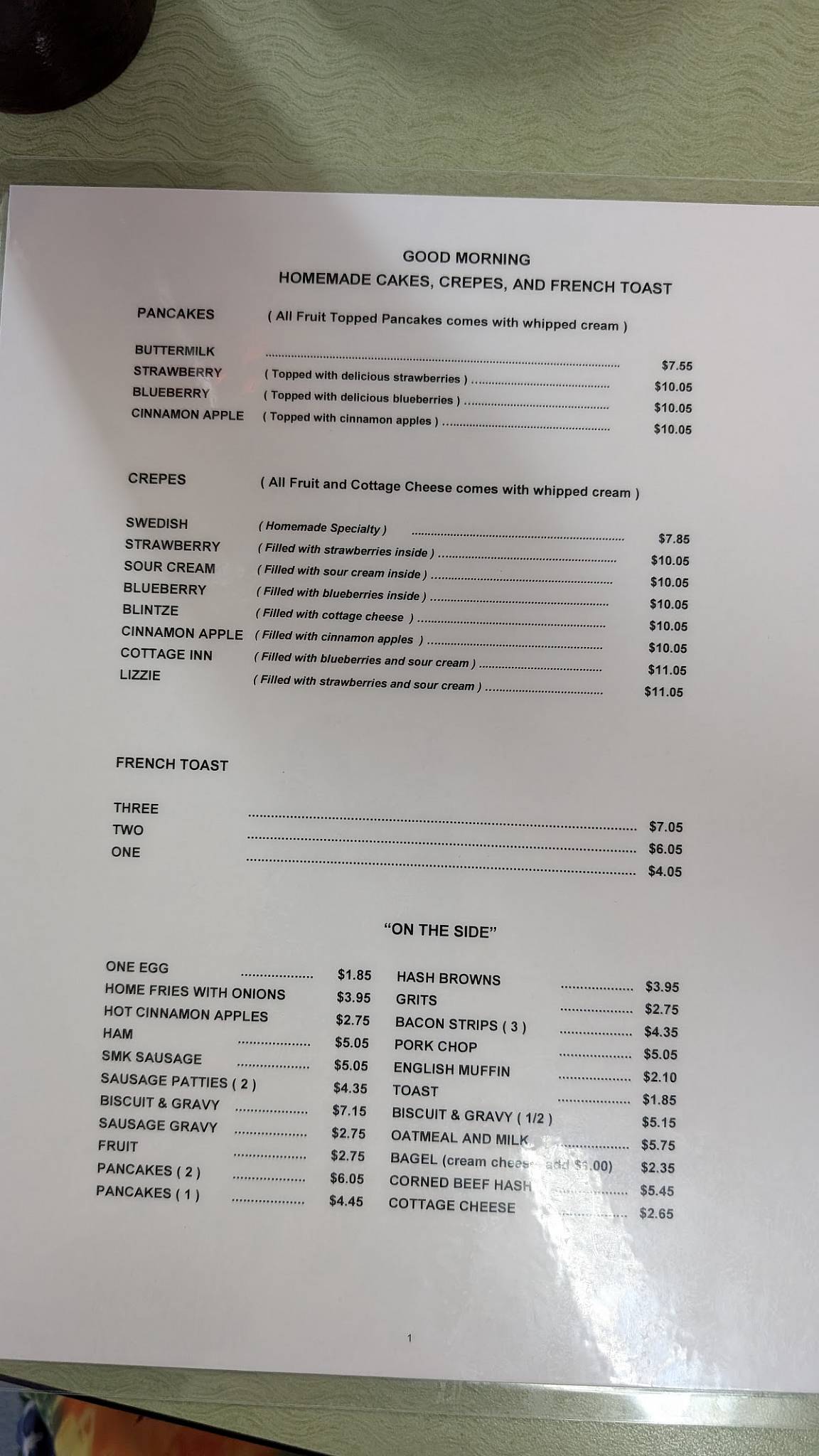 Menu at Cottage Inn restaurant, Lady Lake, 340 US-441