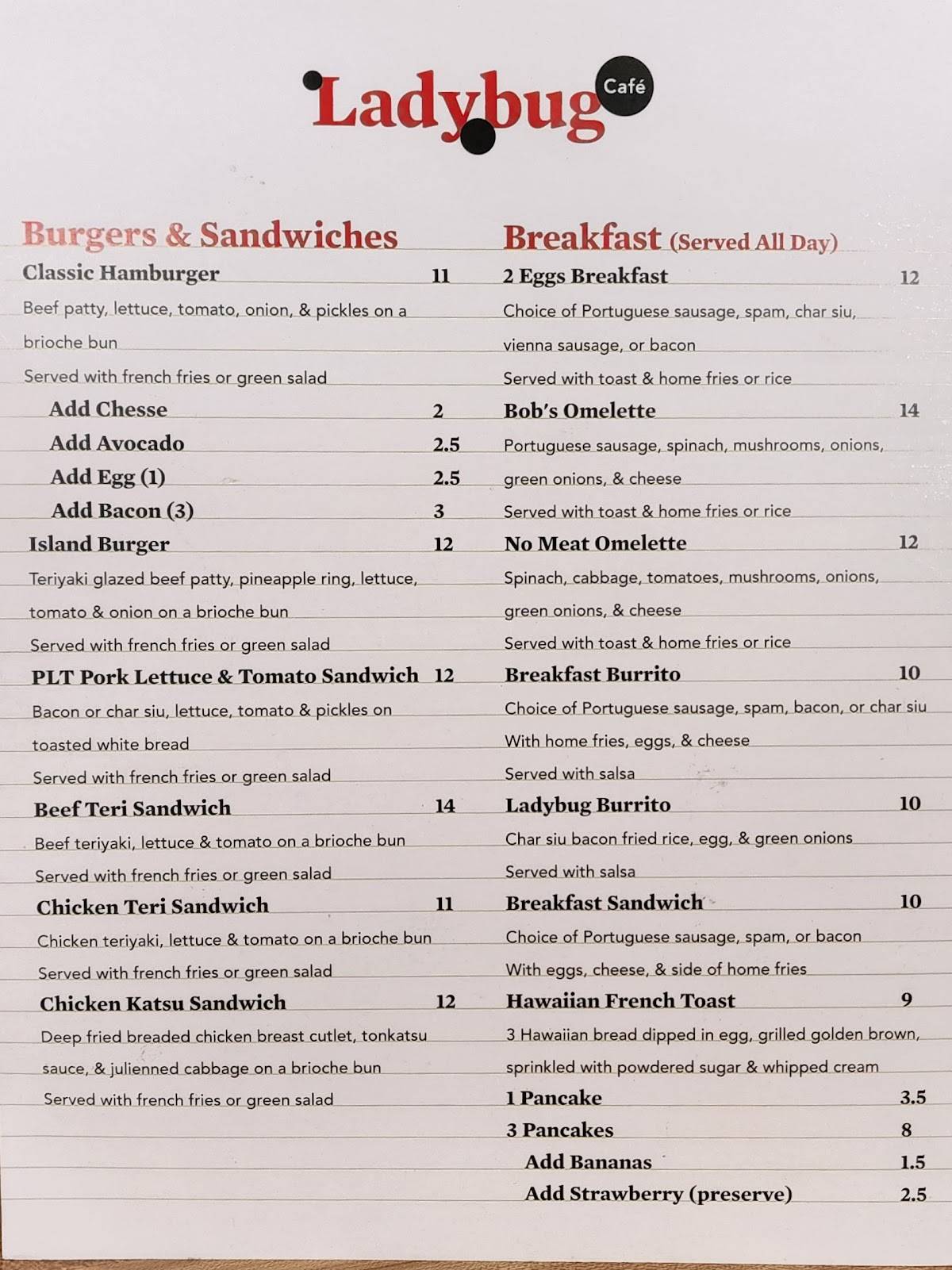 Menu at Ladybug Café restaurant, Gardena, S Western Ave