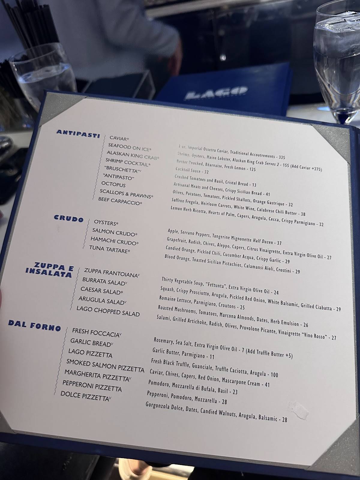 Menu at Lago restaurant, Las Vegas, 3600 S Las Vegas Blvd