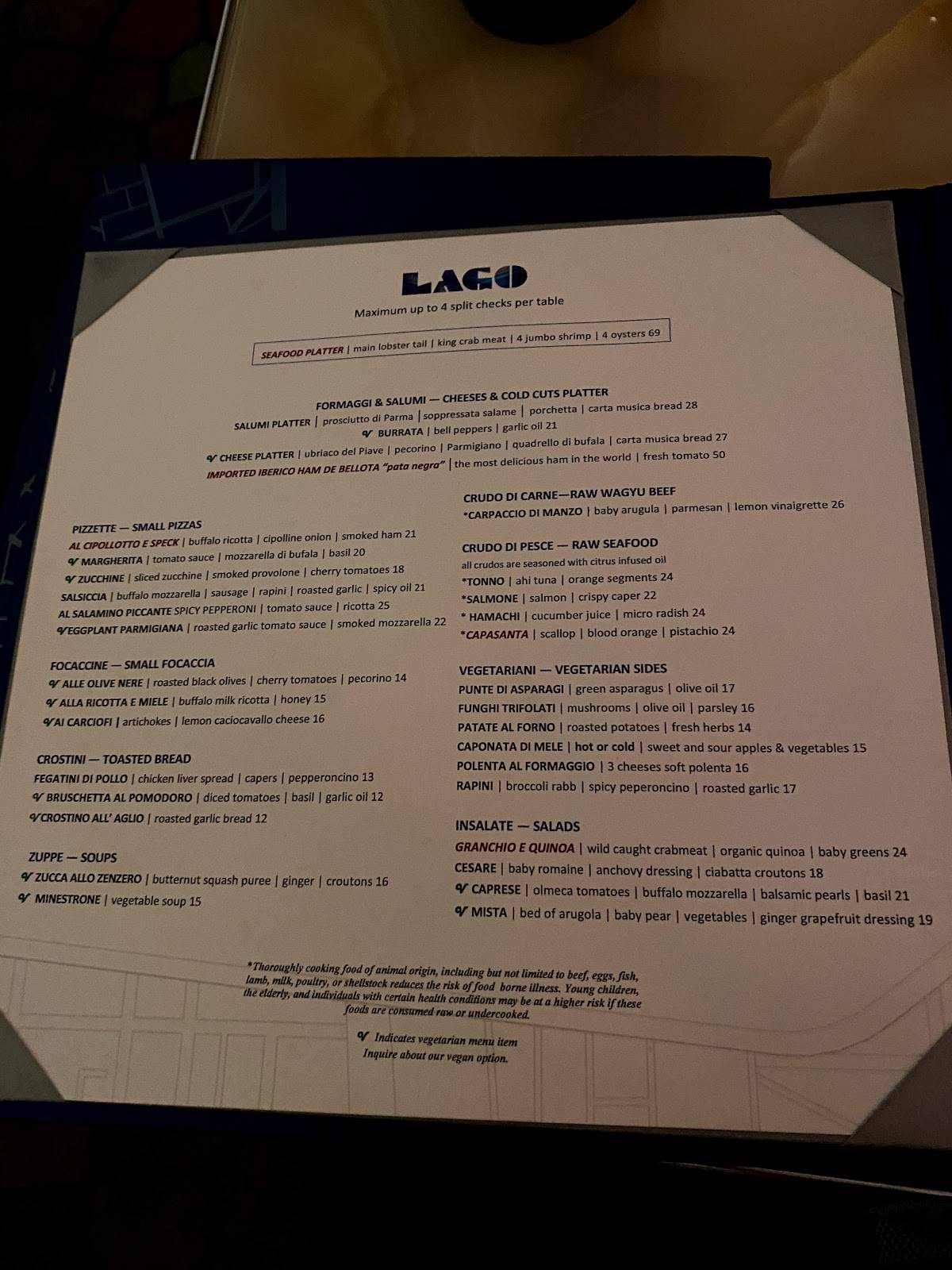 Menu at Lago restaurant, Las Vegas, 3600 S Las Vegas Blvd