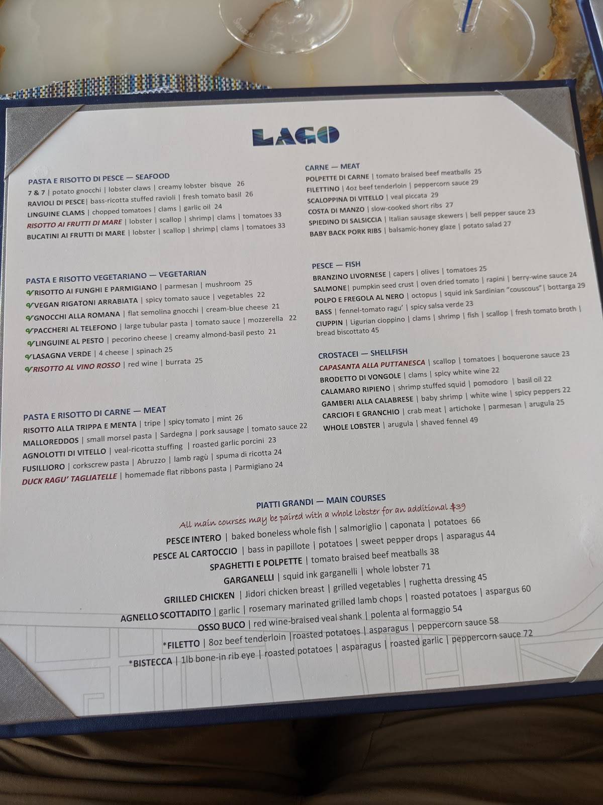 Menu at Lago restaurant, Las Vegas, 3600 S Las Vegas Blvd