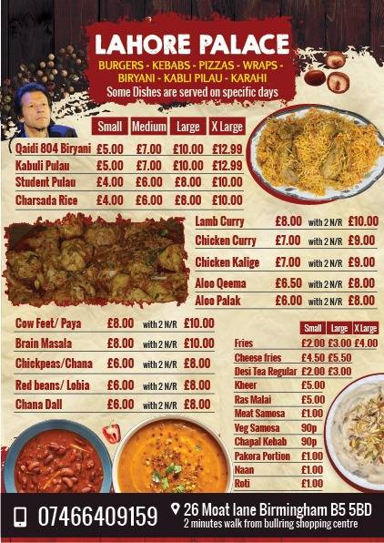 Menu at Lahore Palace restaurant, Birmingham