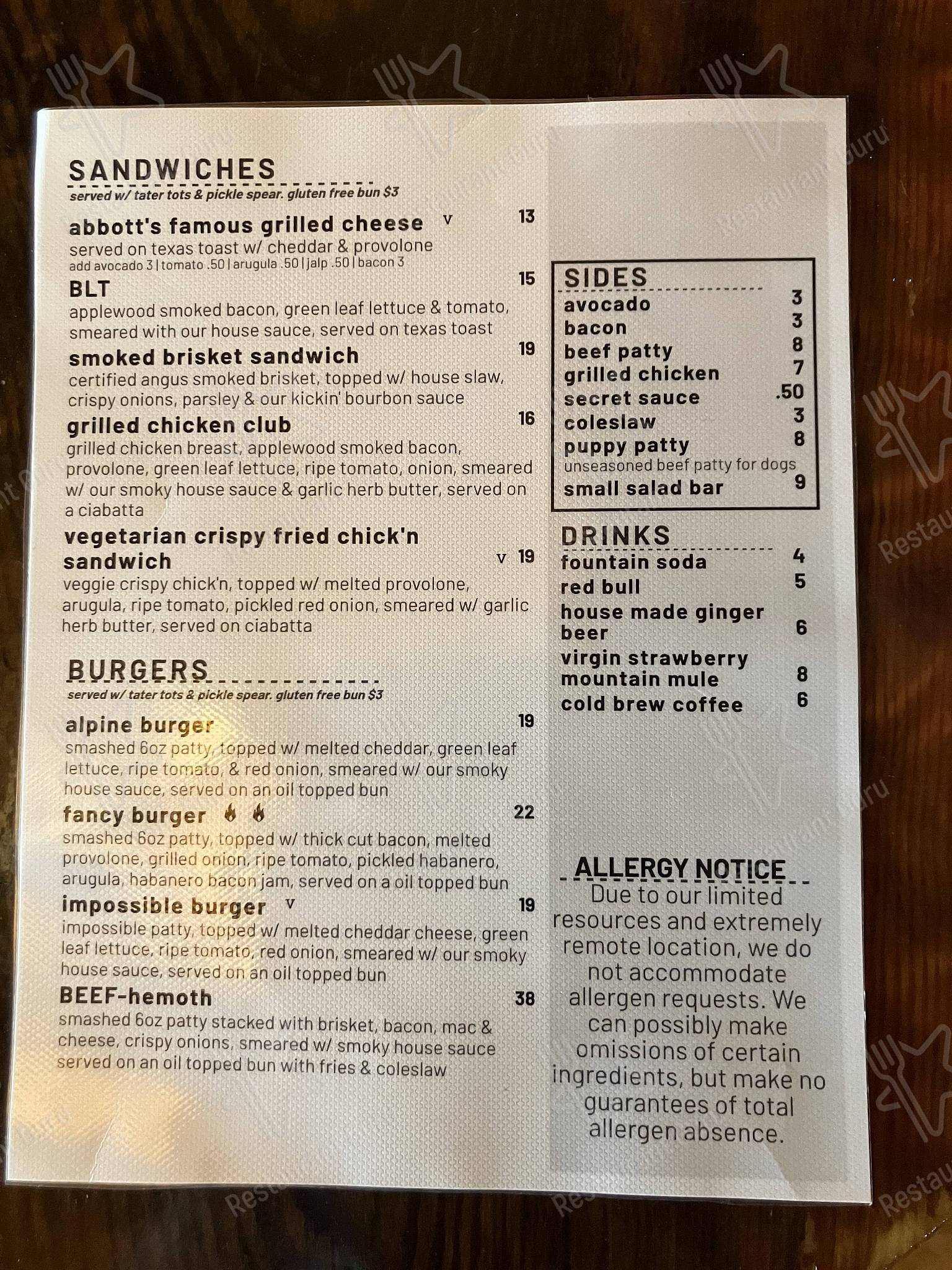 Menu at Lake Alpine Resort restaurant, Bear Valley, Hwy 4