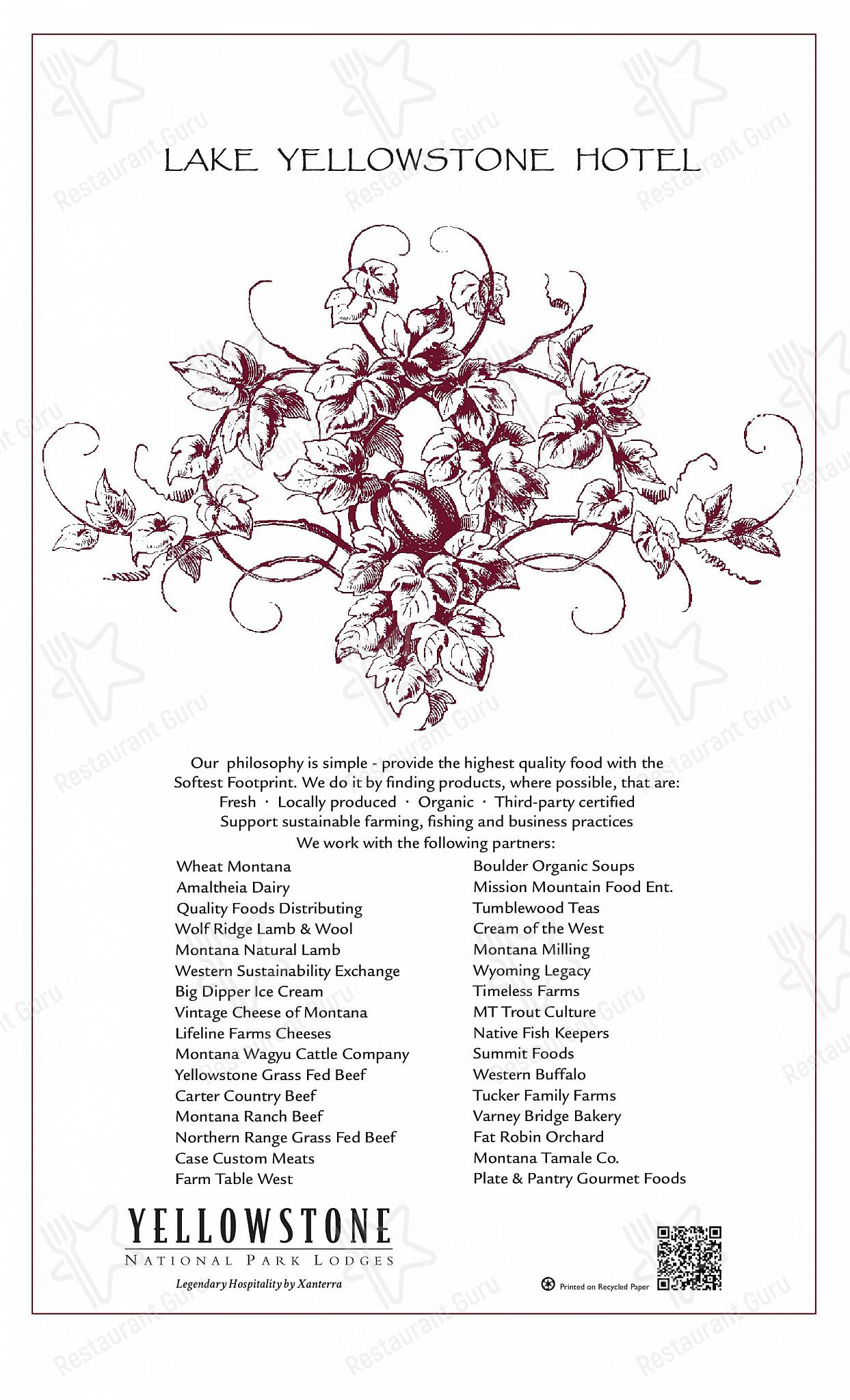 Menu at Lake Yellowstone Hotel Dining Room restaurant, USA, 236 ...