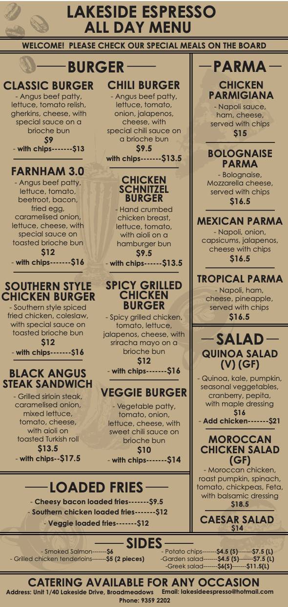 Menu at Lakeside Espresso restaurant, Broadmeadows