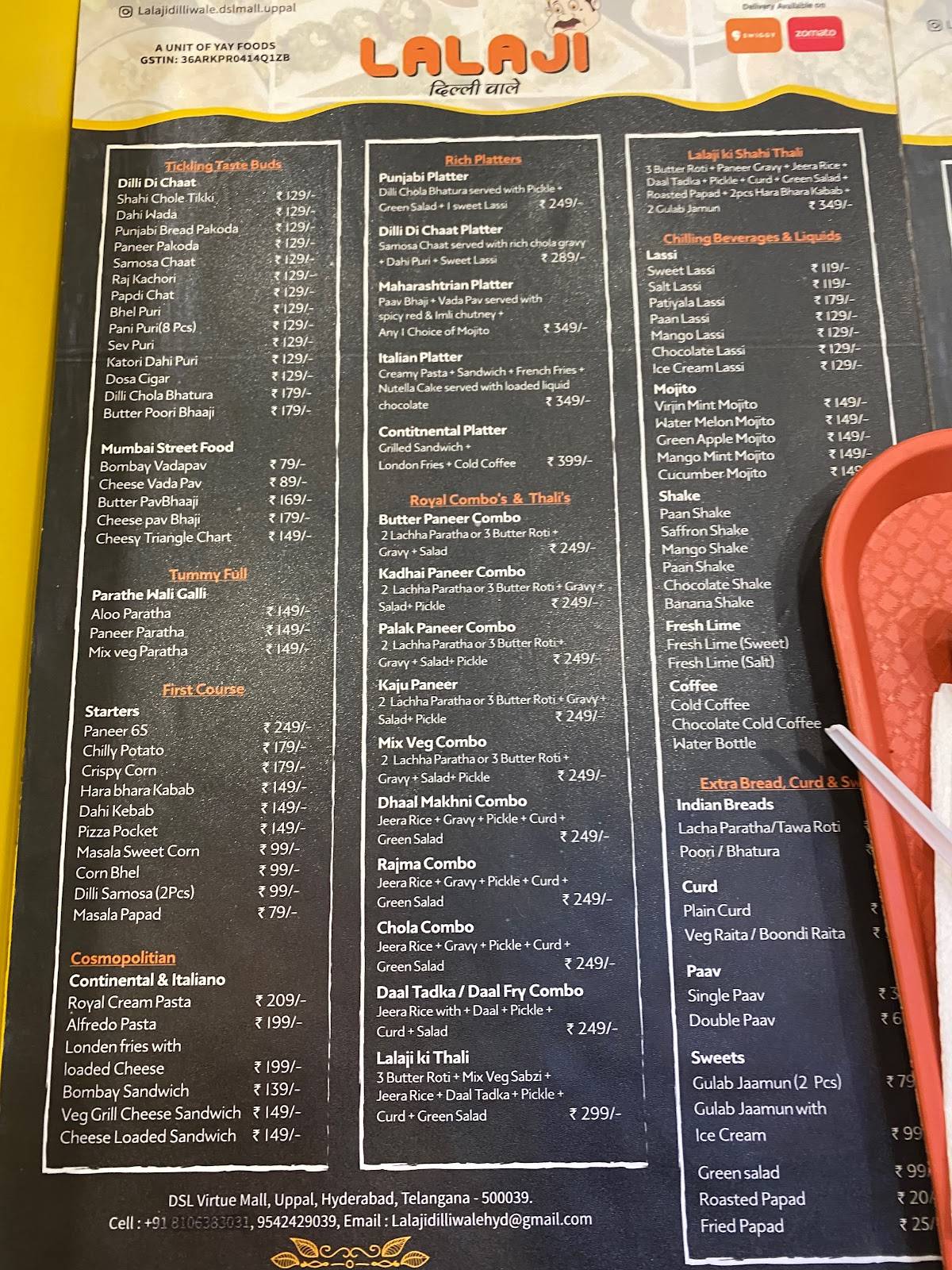 Menu at Lalaji Dilli Wale, Hyderabad, DSL Virtue Mall