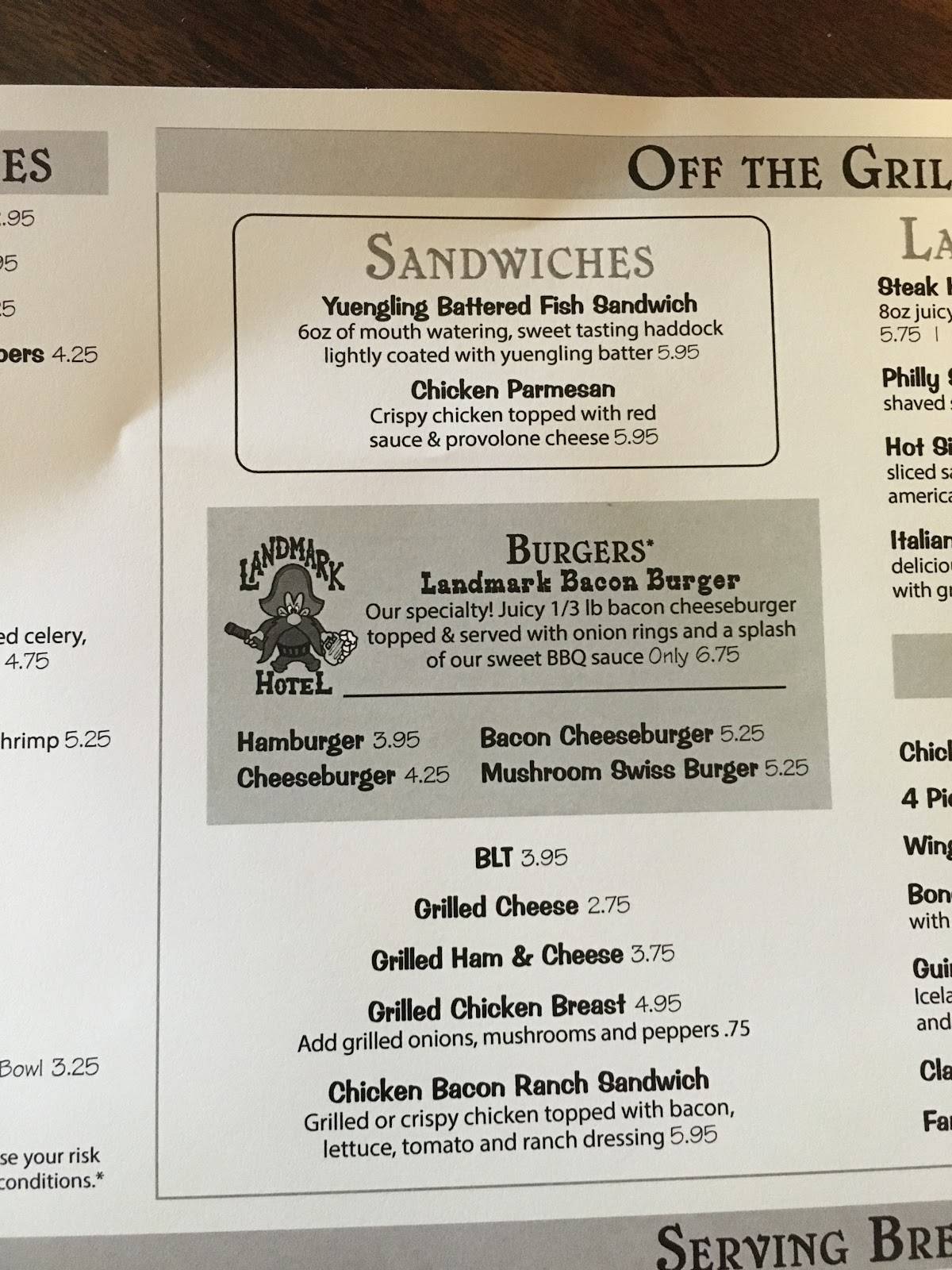 Menu at Landmark Hotel restaurant, Tidioute