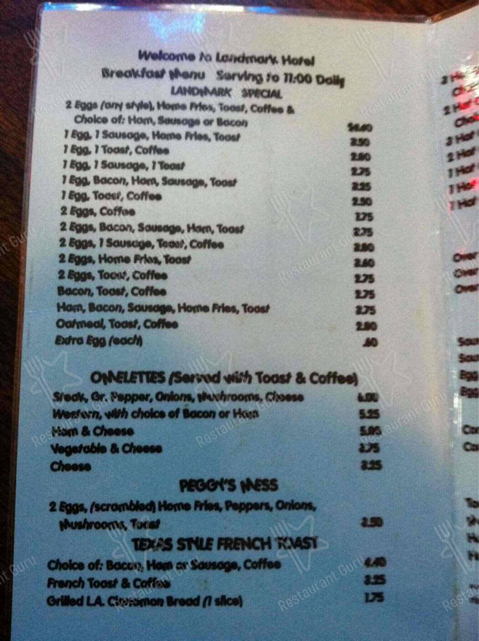 Menu at Landmark Hotel restaurant, Tidioute
