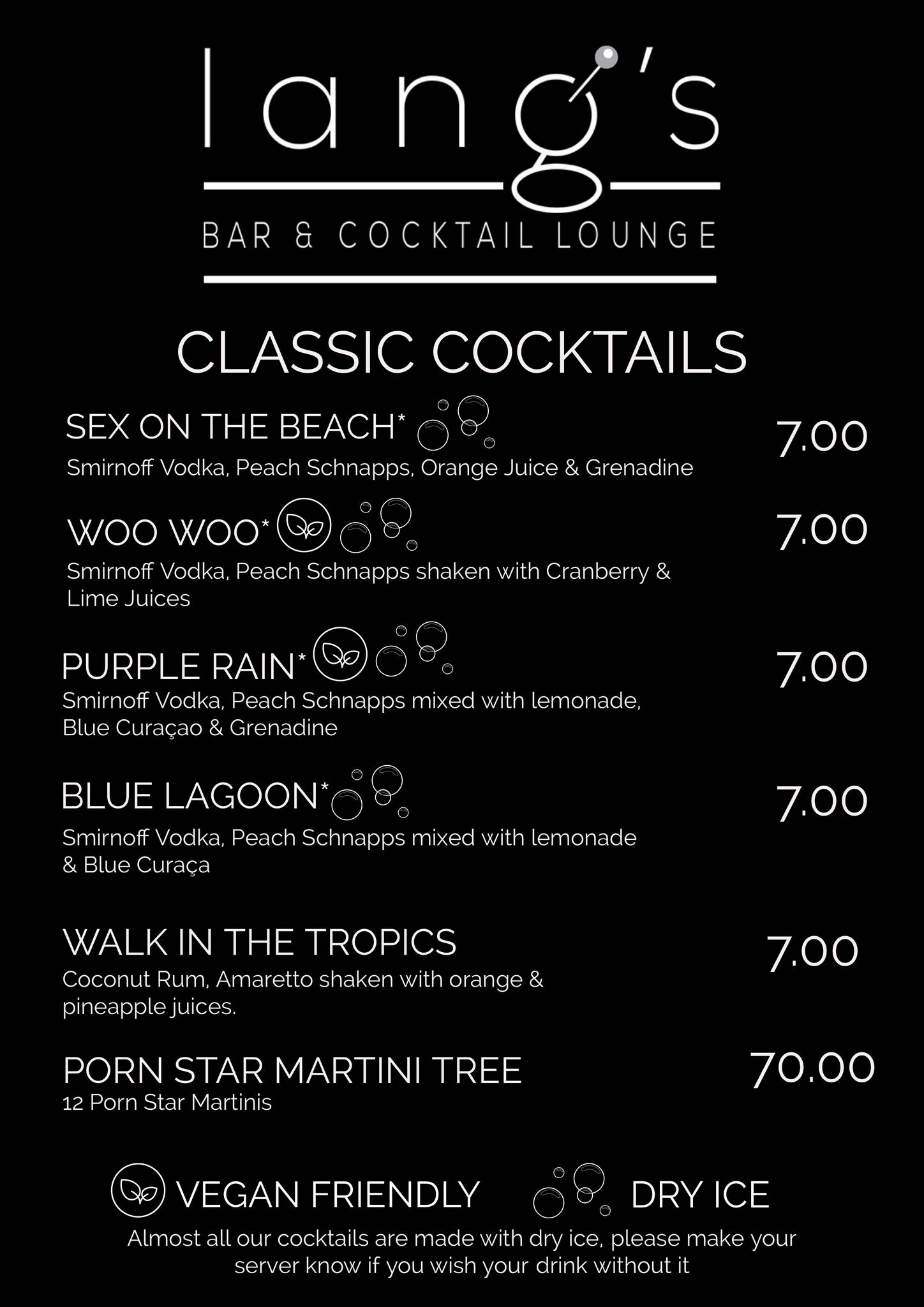 Menu at Lang's Bar & Cocktail Lounge, Sittingbourne
