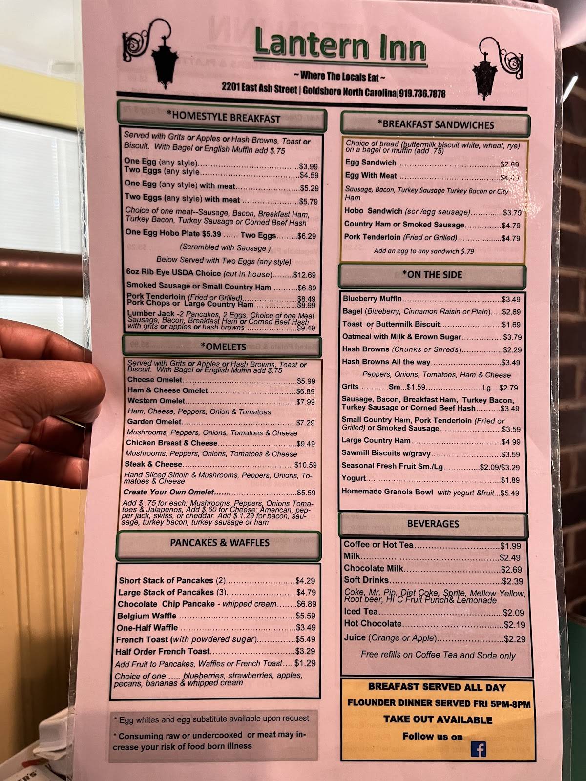 Menu at Lantern Inn restaurant, Goldsboro
