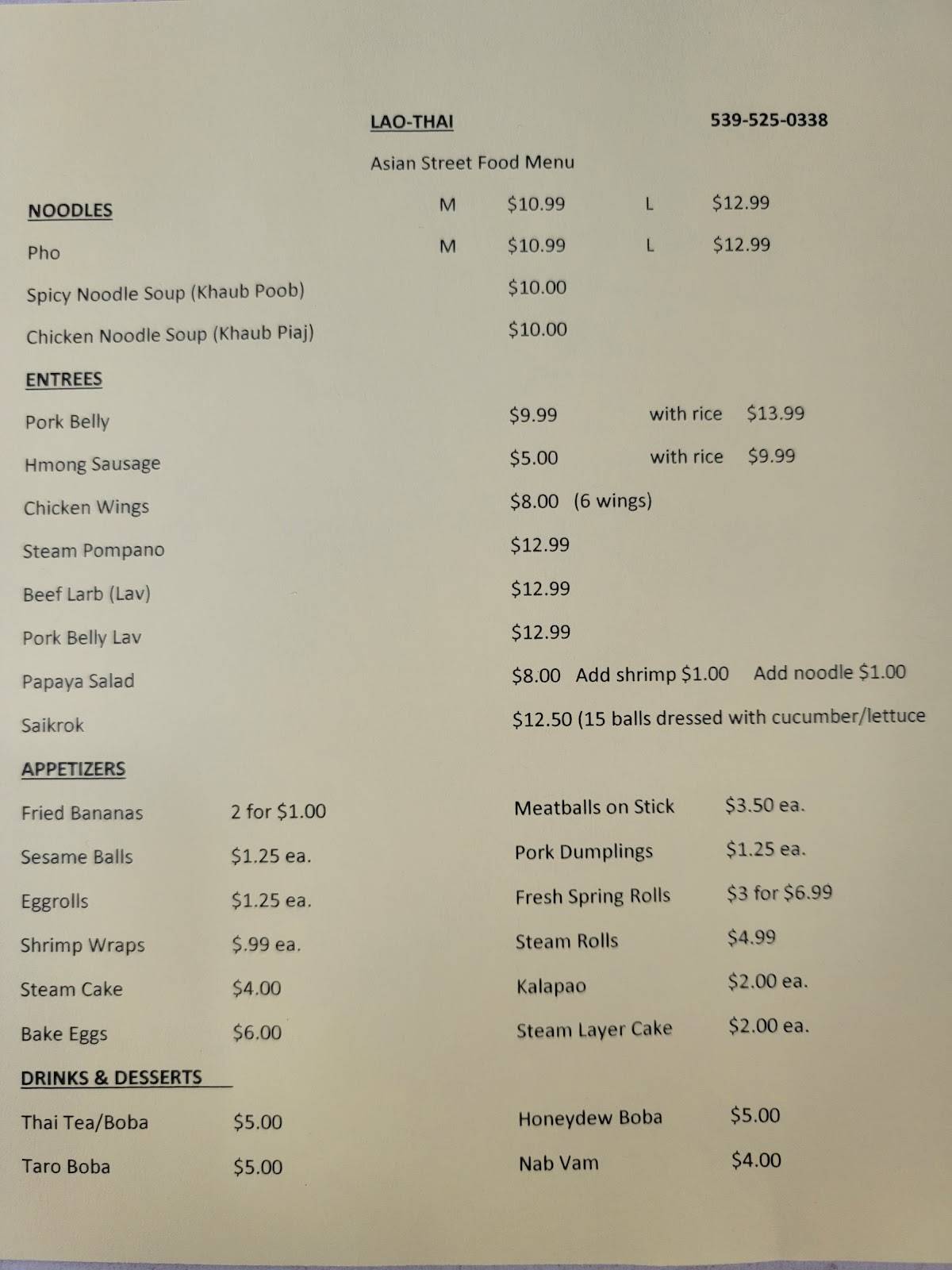 Menu at Lao-Thai Asian Street Food restaurant, Tulsa