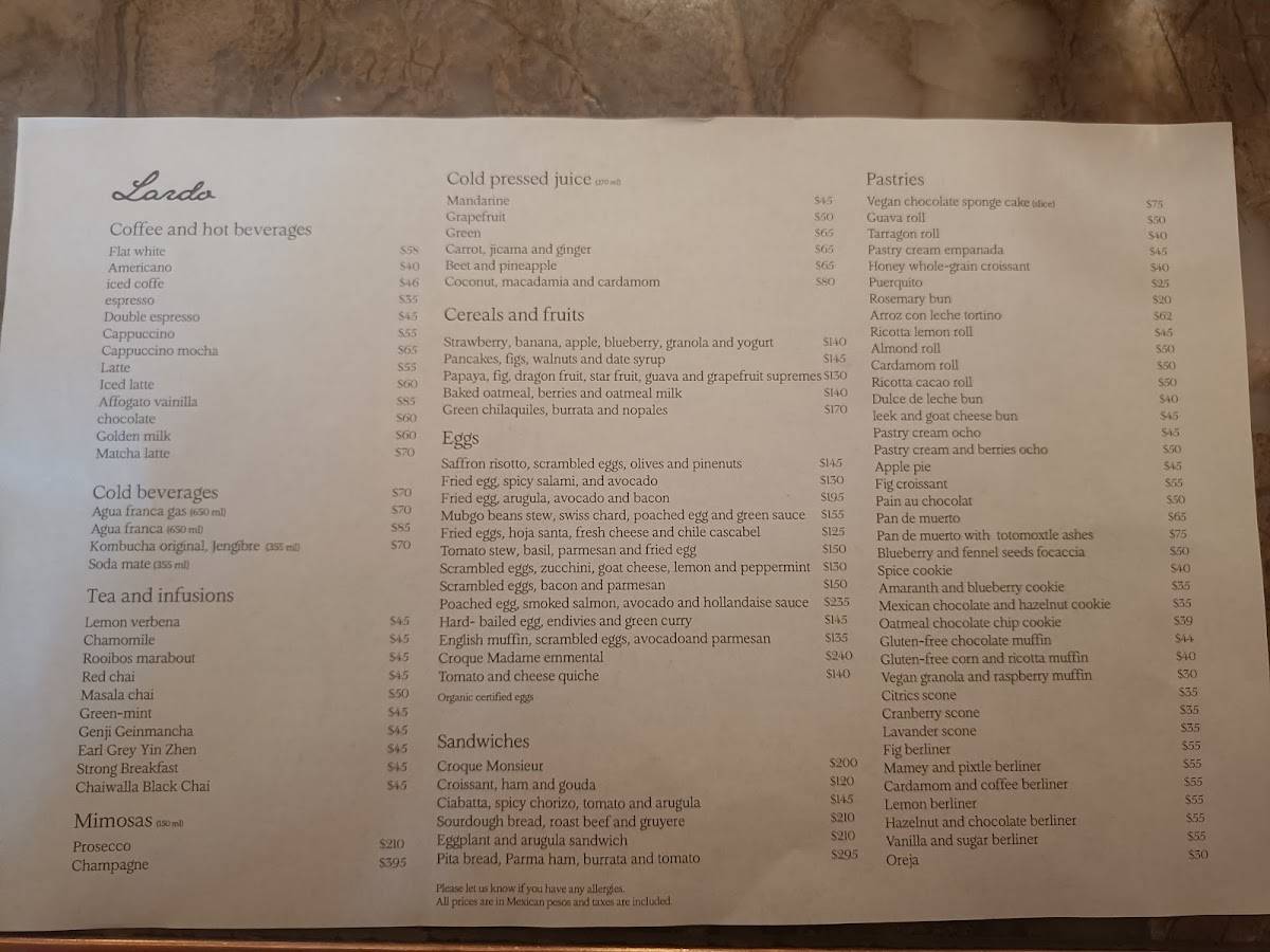 Menu at Lardo cafeteria, Mexico City, Agustín Melgar 6