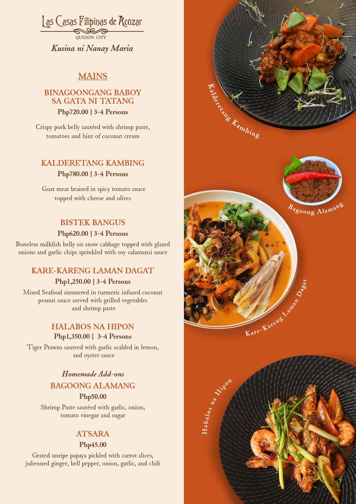 Menu at Las Casas Filipinas de Acuzar Quezon City restaurant, Quezon City