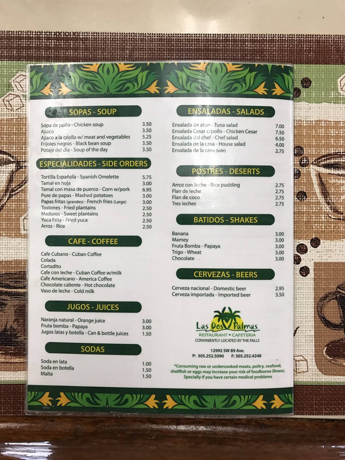Menu at Las Dos Palmas restaurant, Miami, SW 89th Ave