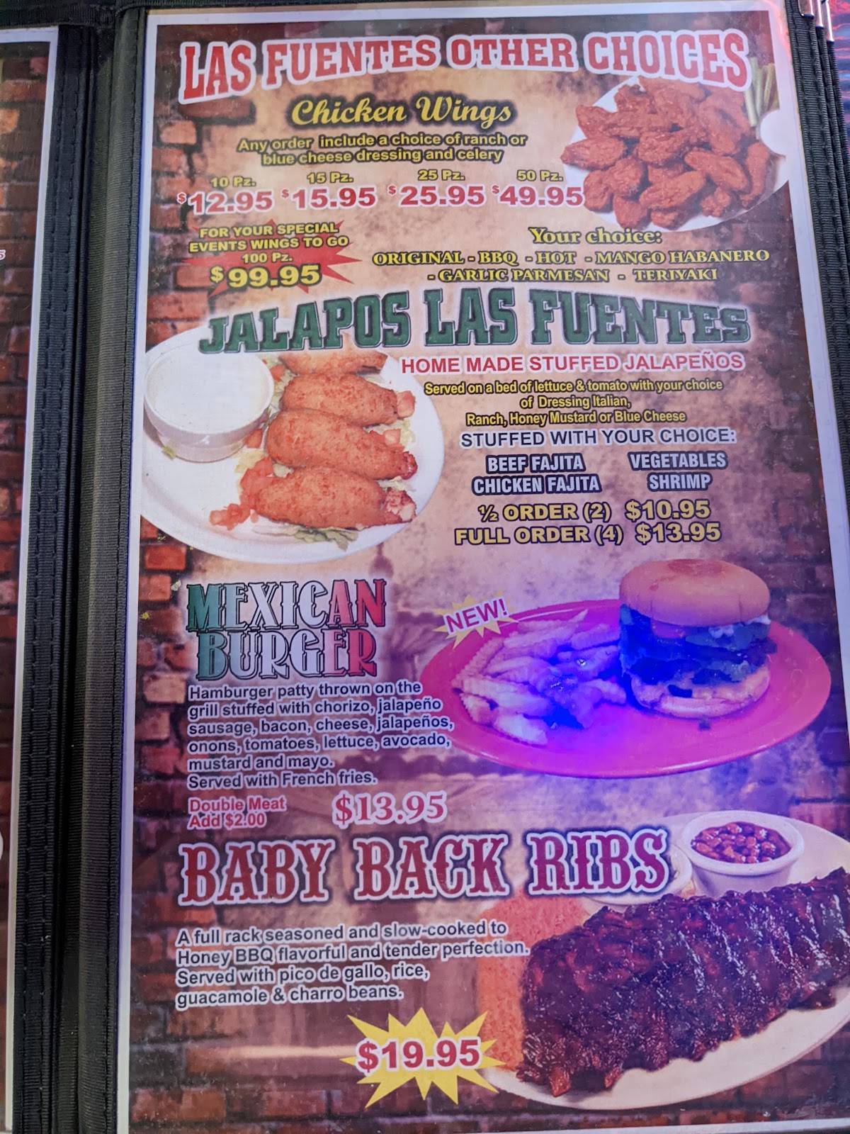 Menu at Las Fuentes restaurant, La Grange