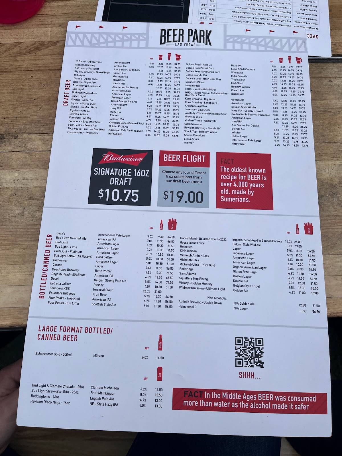 Menu at Beer Park pub & bar, Las Vegas, S Las Vegas Blvd