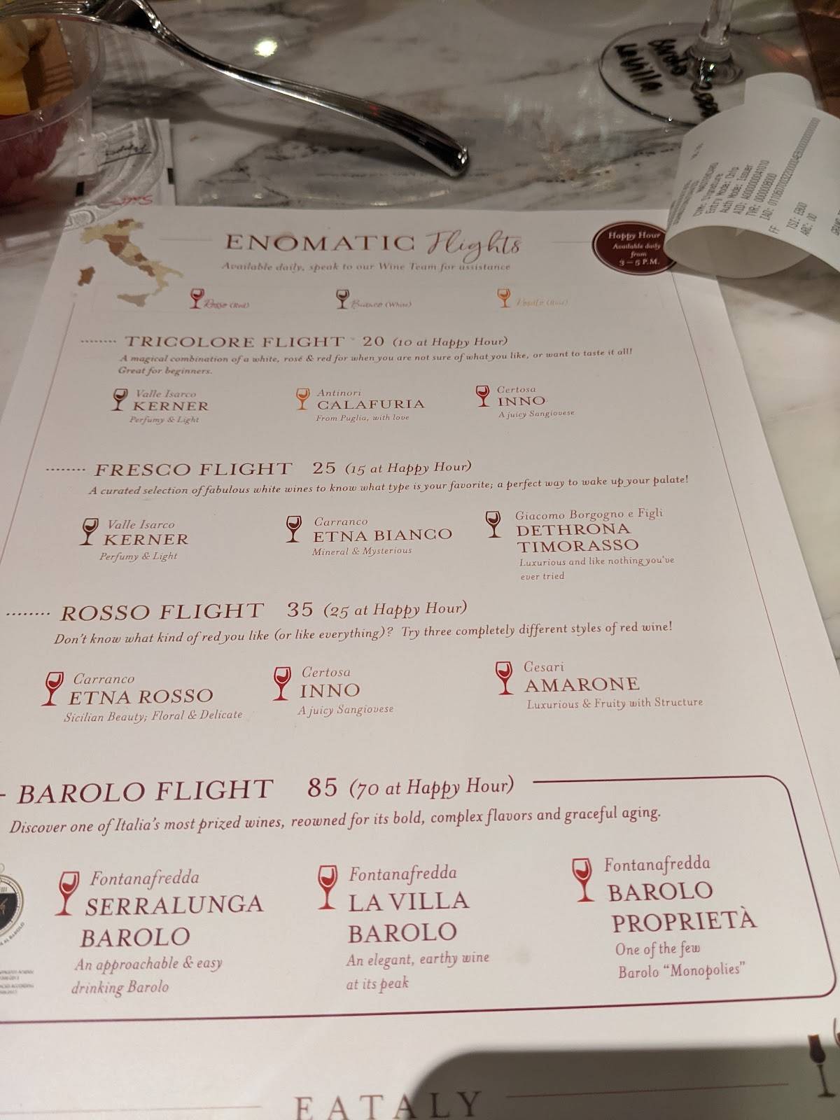 Menu at Eataly pizzeria, Las Vegas