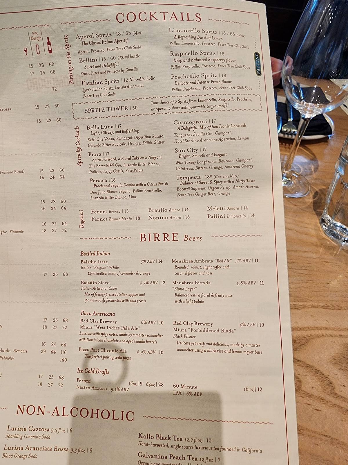 Menu at Eataly pizzeria, Las Vegas