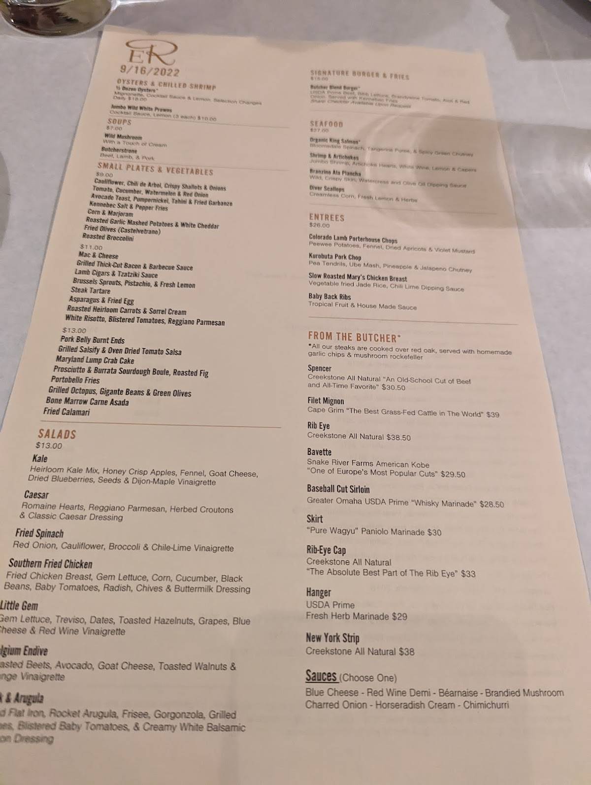 Menu at Echo & Rig steakhouse, Las Vegas