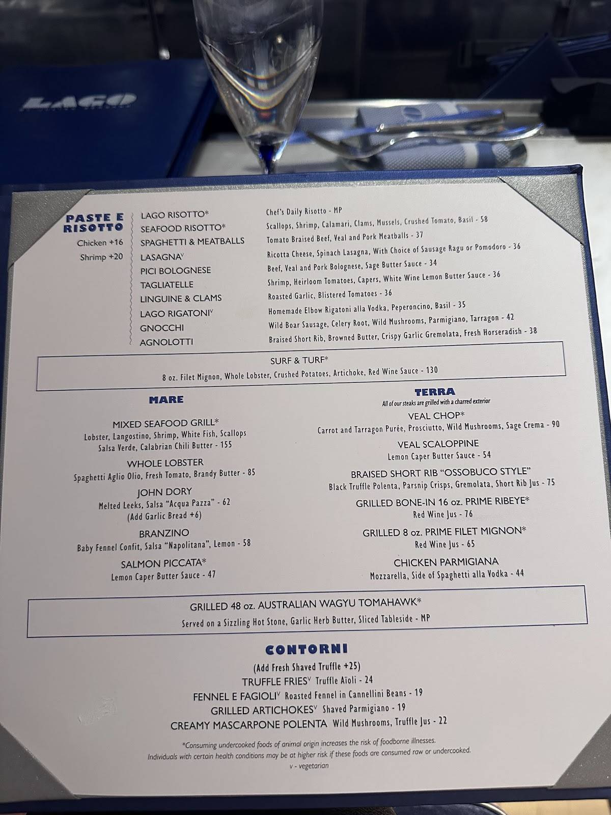 Menu at Lago restaurant, Las Vegas, 3600 S Las Vegas Blvd