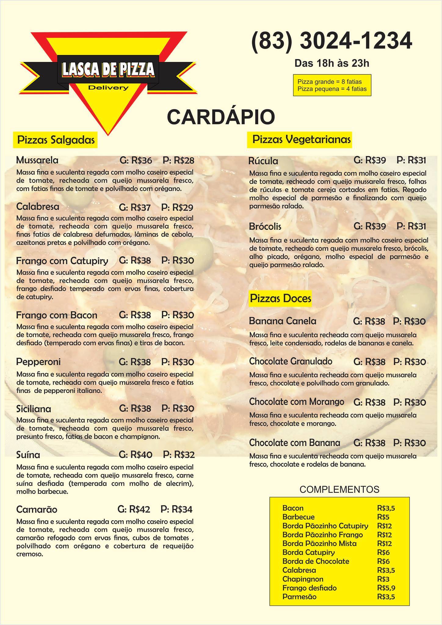 Menu em Lasca de Pizza pizzaria, João Pessoa