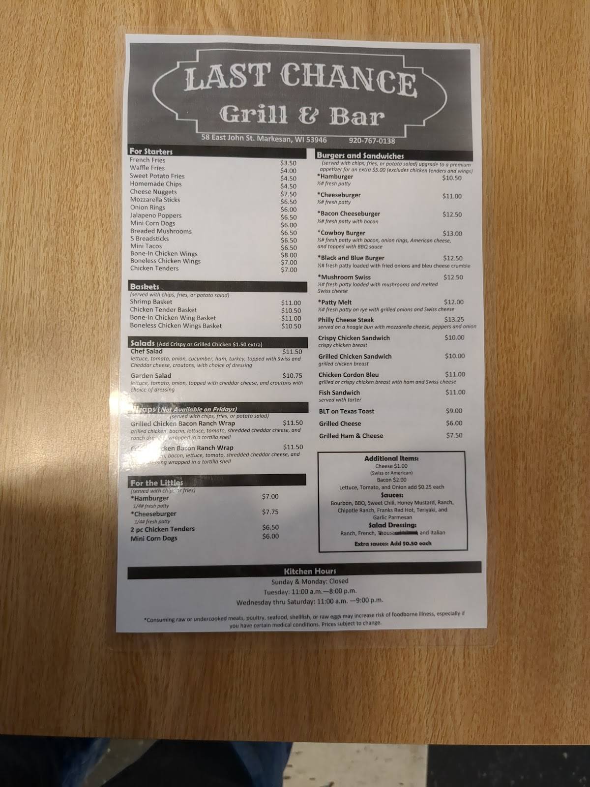 Menu at Last Chance Grill and Bar, Markesan
