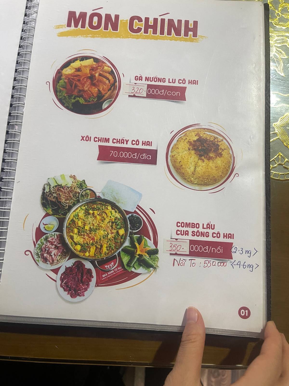 Menu at Lẩu cua sông CÔ HAI restaurant, Hanoi