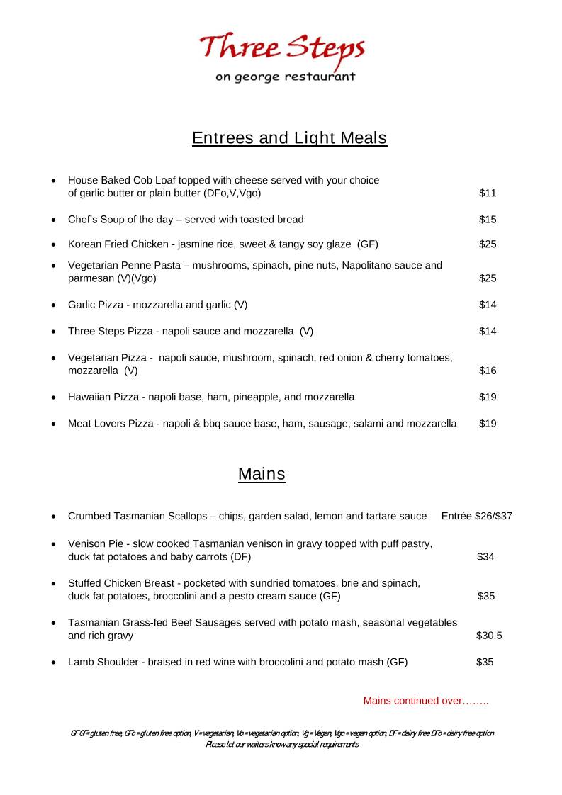 Menu at Three Steps On George restaurant, Launceston