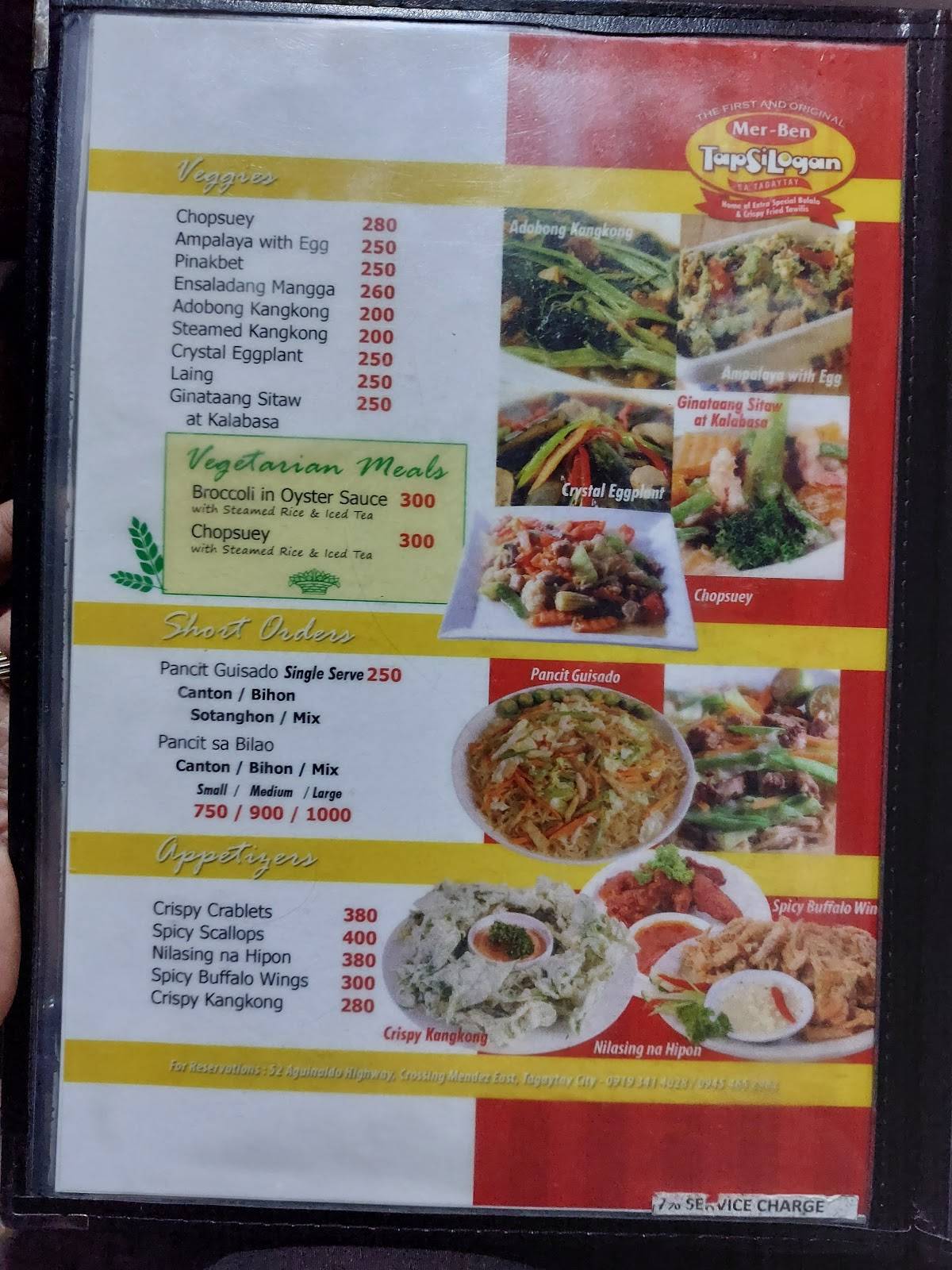 Menu at Mer-Ben Tapsilogan restaurant, Laurel, 53 Emilio Aguinaldo Highway