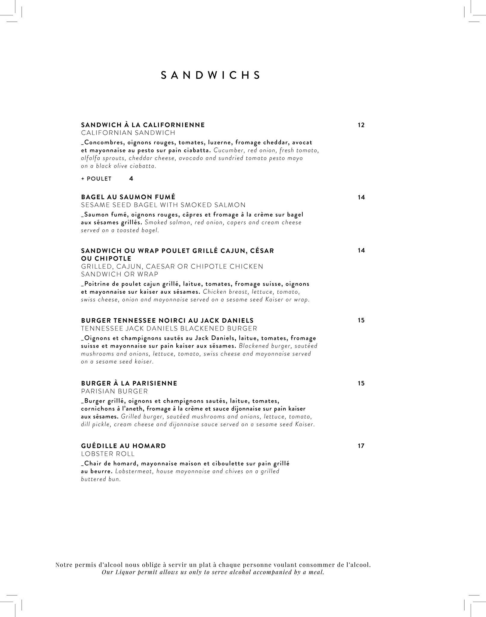 Menu at Le Balnéo Restaurant and Bar, L'Île-Perrot