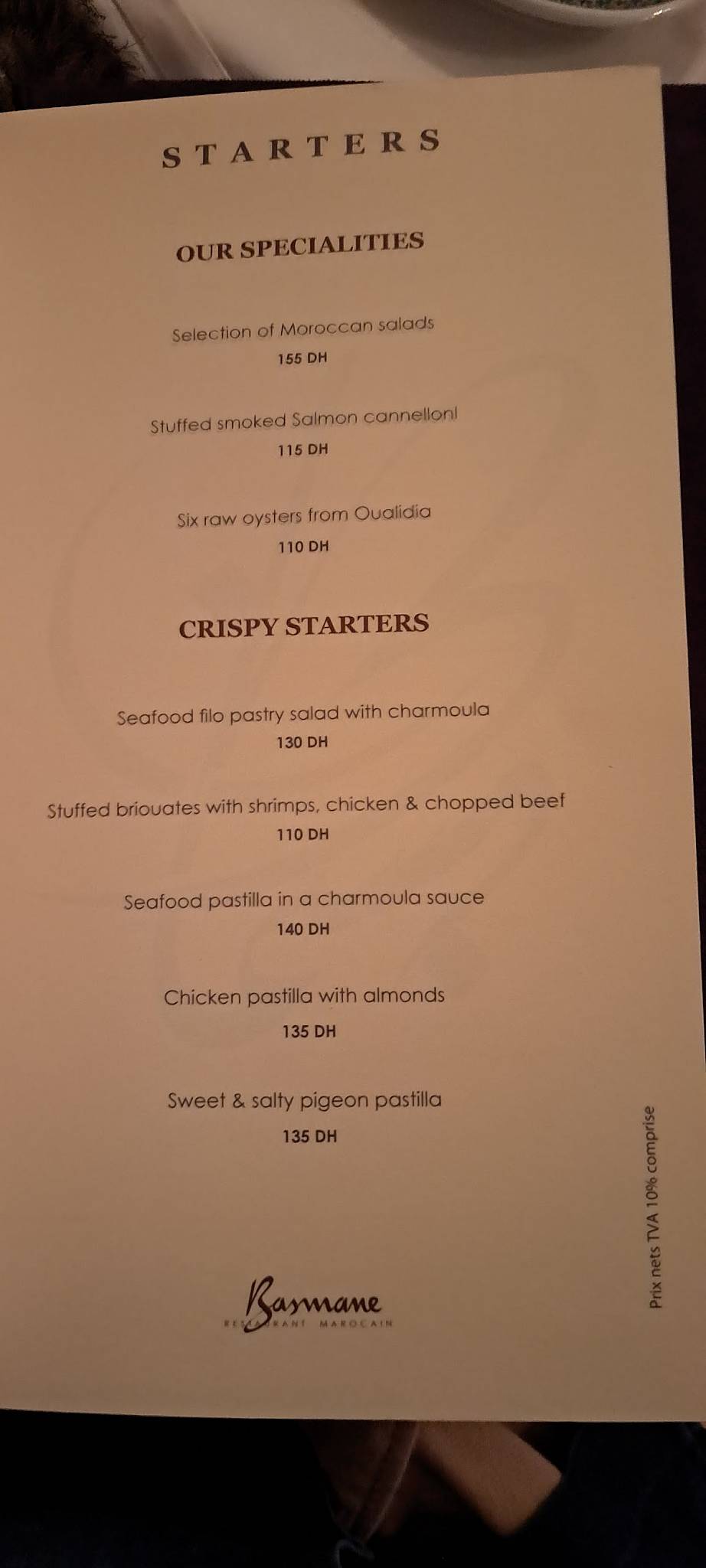 Menu at Le Basmane restaurant, Casablanca